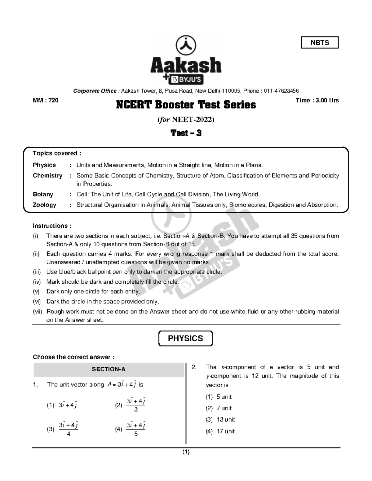 Aakash NBTS - 03 (2022) - Best neet jee test for prepation. - Corporate ...