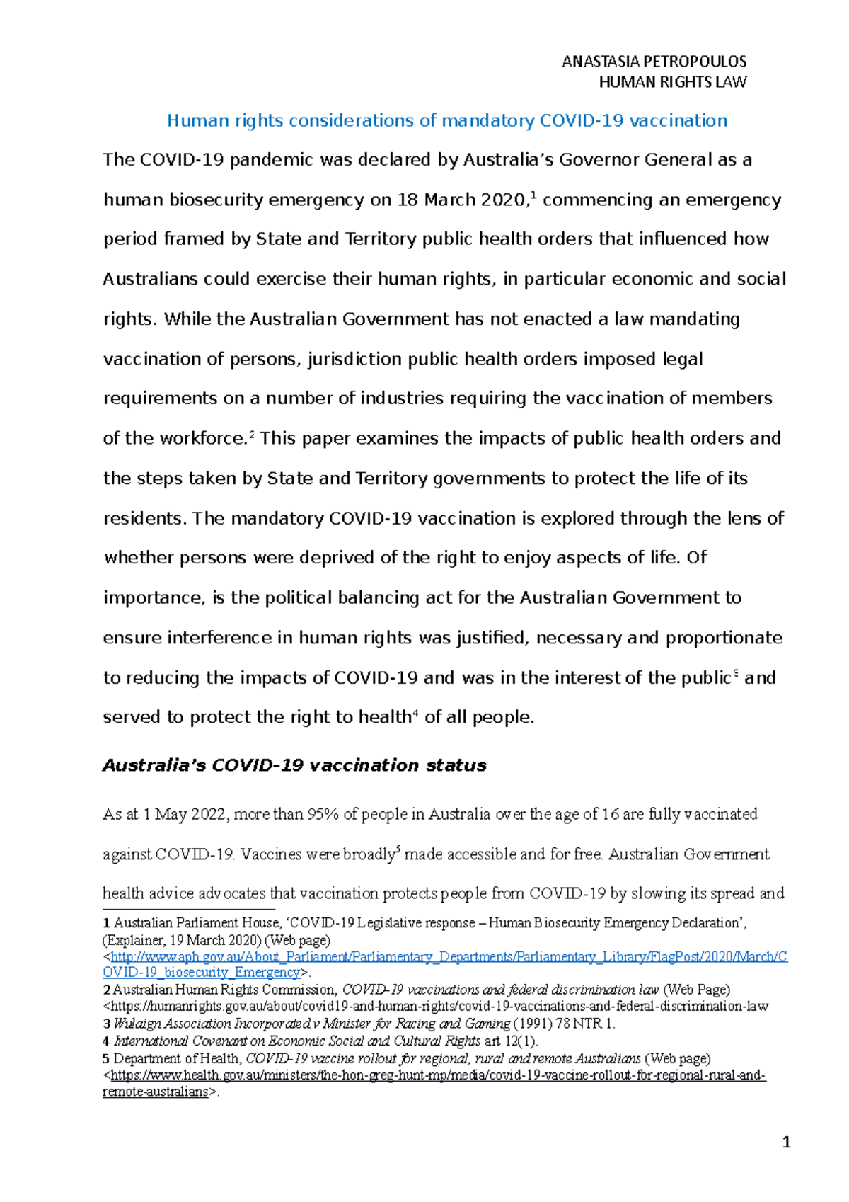 Essay - Human Rights Law - Final - Anastasia Petropoulos - 6 May 2022 ...