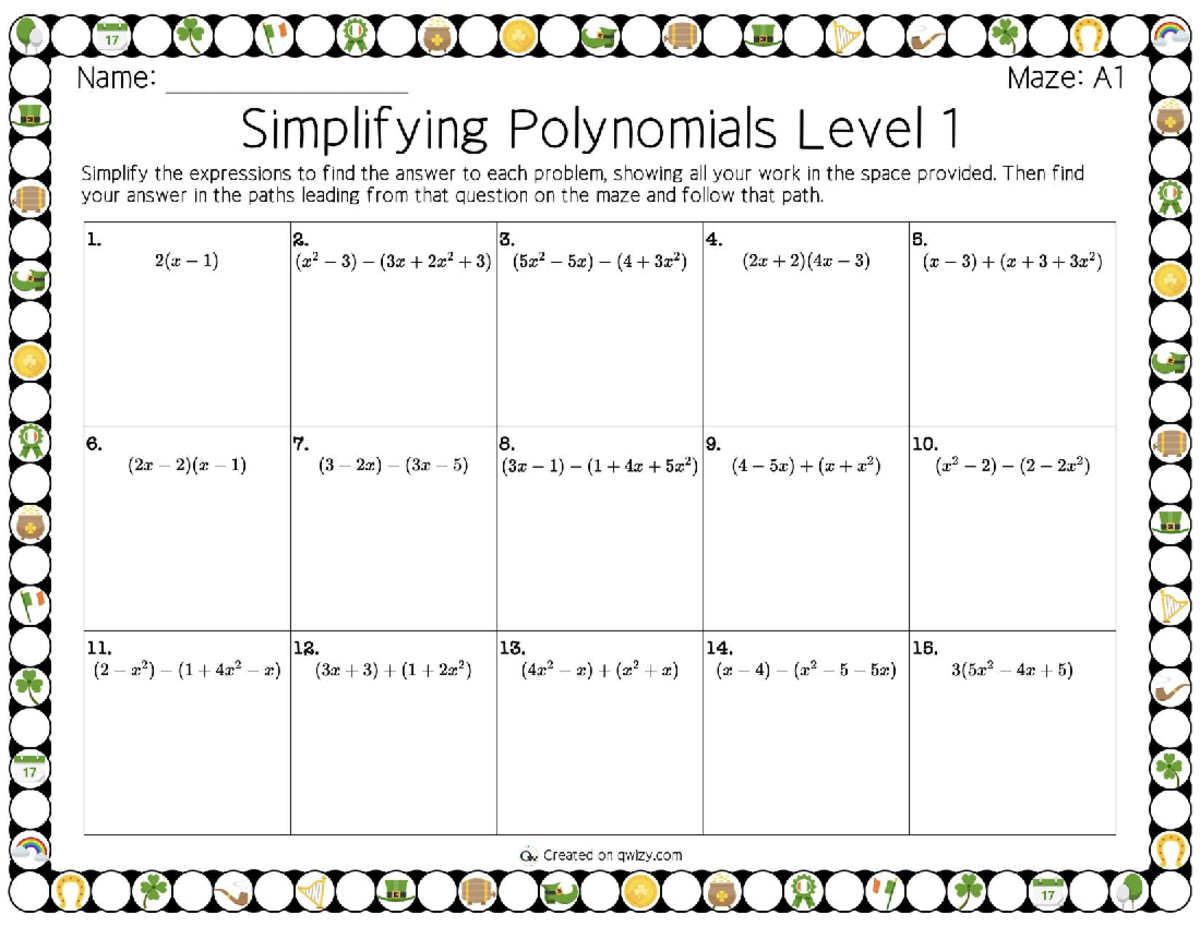 8A Activity (Student) - practice easy - 17 Name: Maze: A1 Simplifying ...