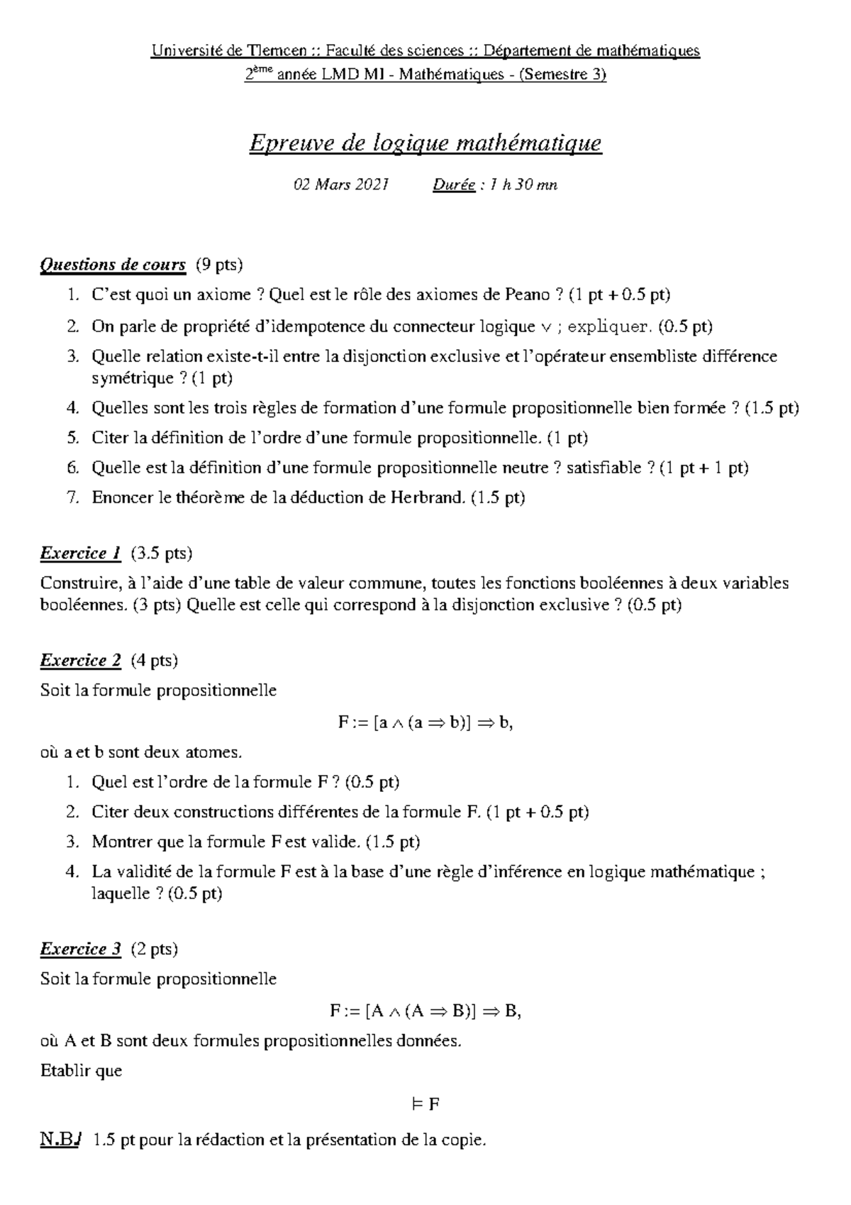 Examen 2 Logique Mathématique MI-L2 - Université de Tlemcen :: Faculté ...