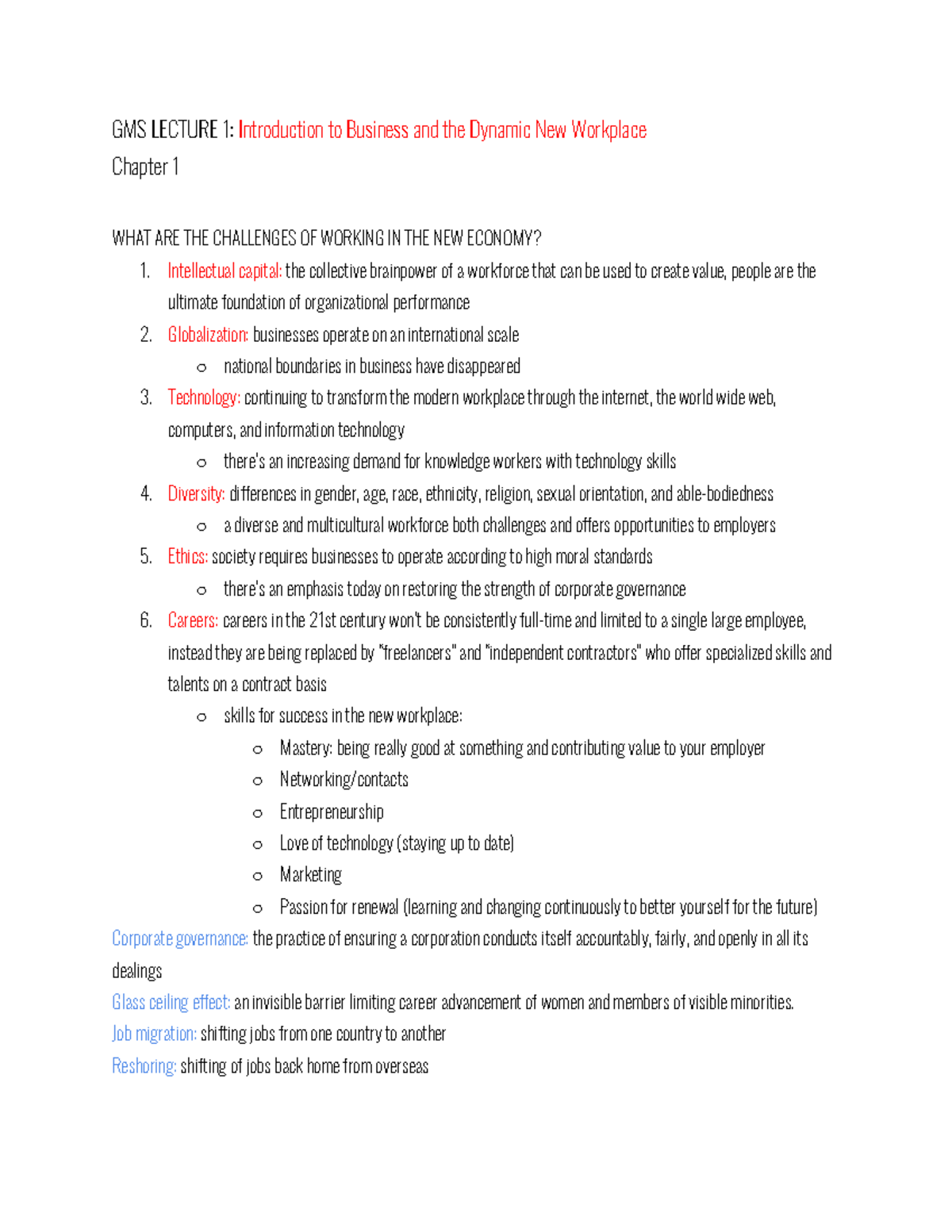 Gms Lecture 1 Notes Gms Lecture 1 Introduction To Business And The Dynamic New Workplace