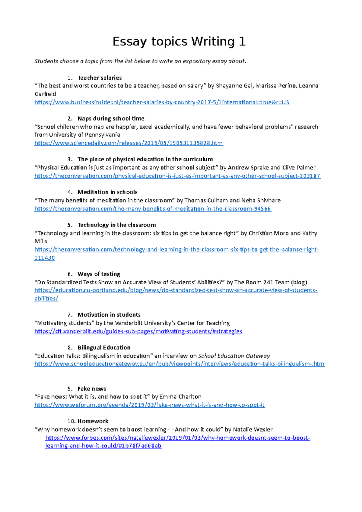 Essay topic suggestions Writing 1 - Essay topics Writing 1 Students ...