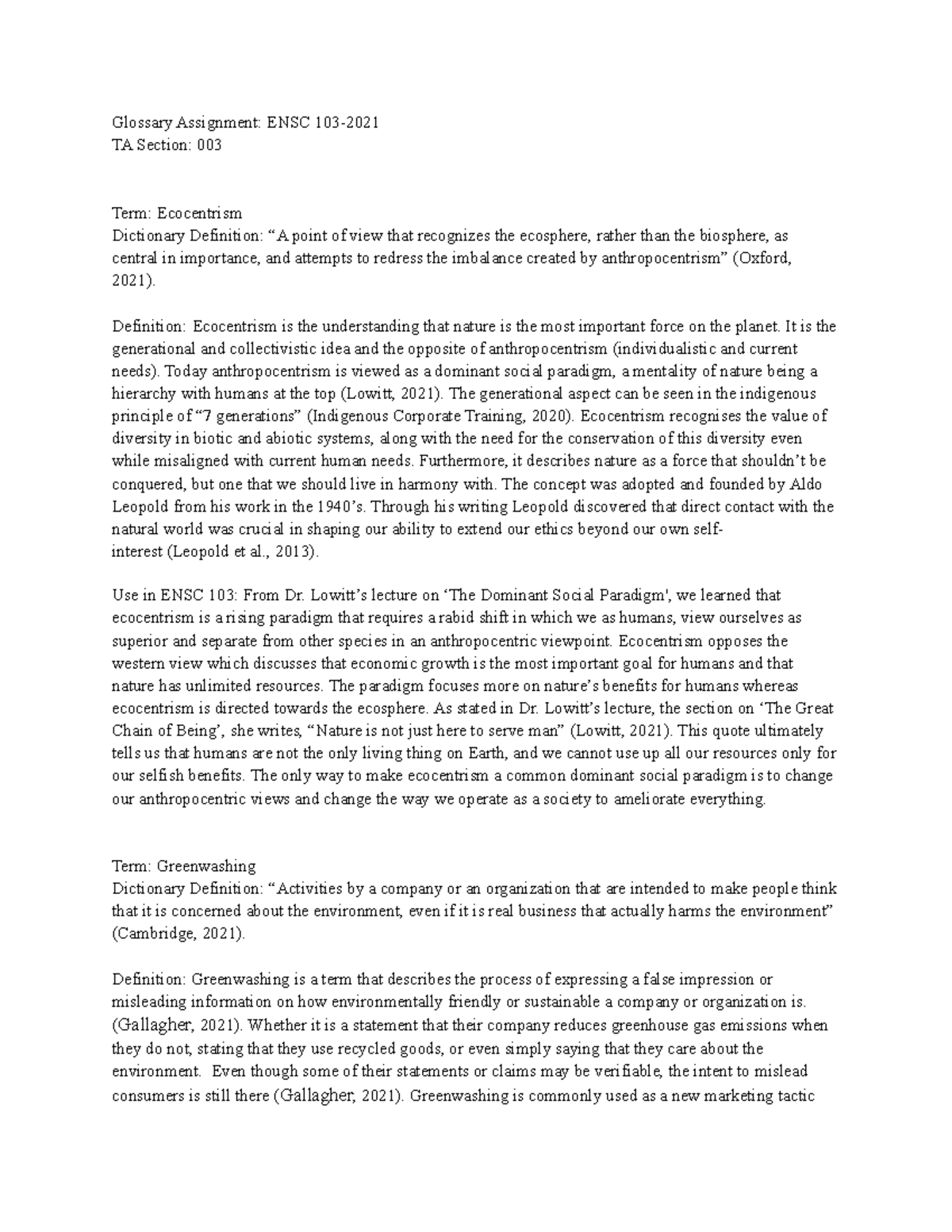 Glossary Assignment - Definition: Ecocentrism is the understanding that ...