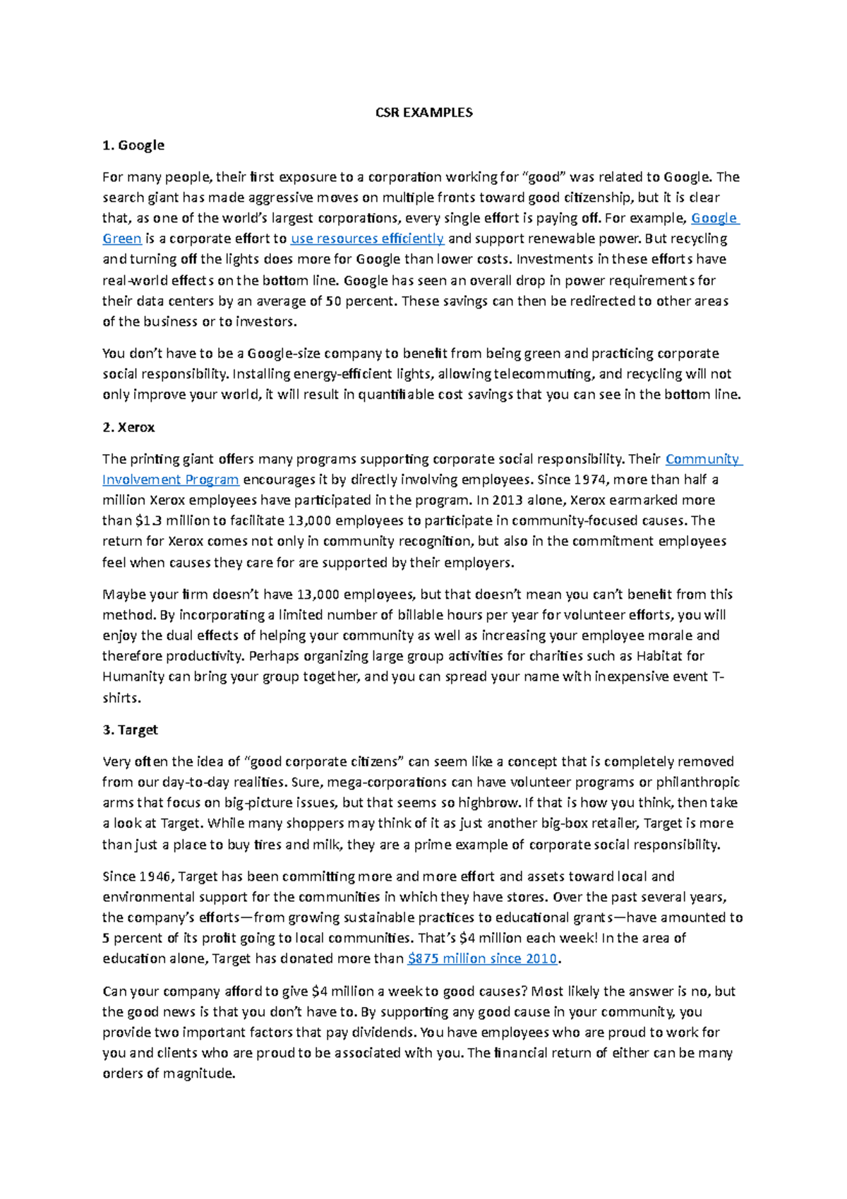 CSR Examples - Lecture notes 1 - CSR EXAMPLES 1. Google For many people ...