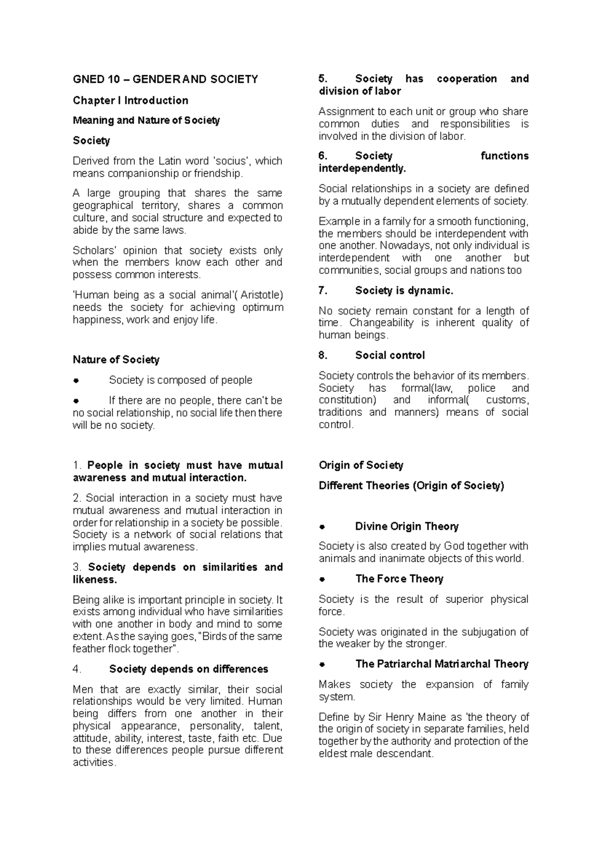 Chapter-1-Handouts - None - GNED 10 – GENDER AND SOCIETY Chapter I ...