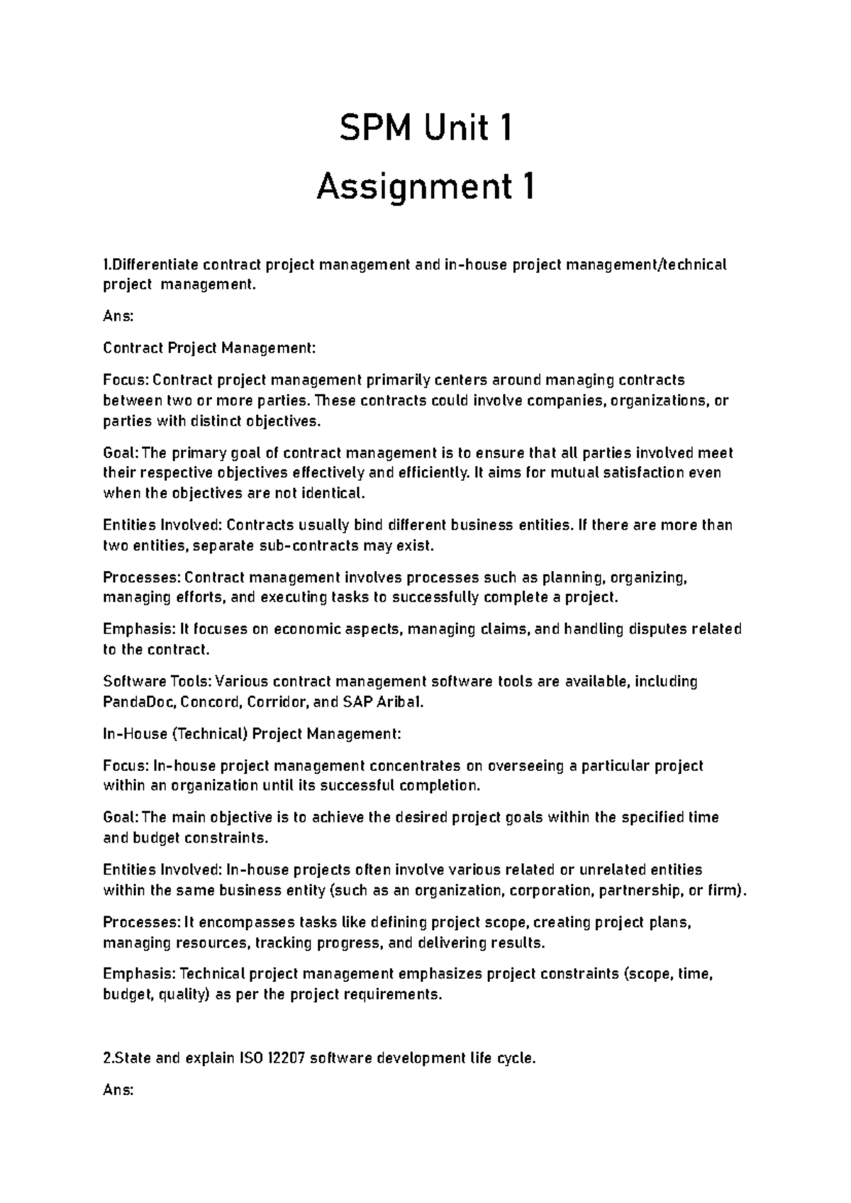SPM Unit 1 - SPM Unit 1 Assignment 1 1 contract project management and in-house project - Studocu