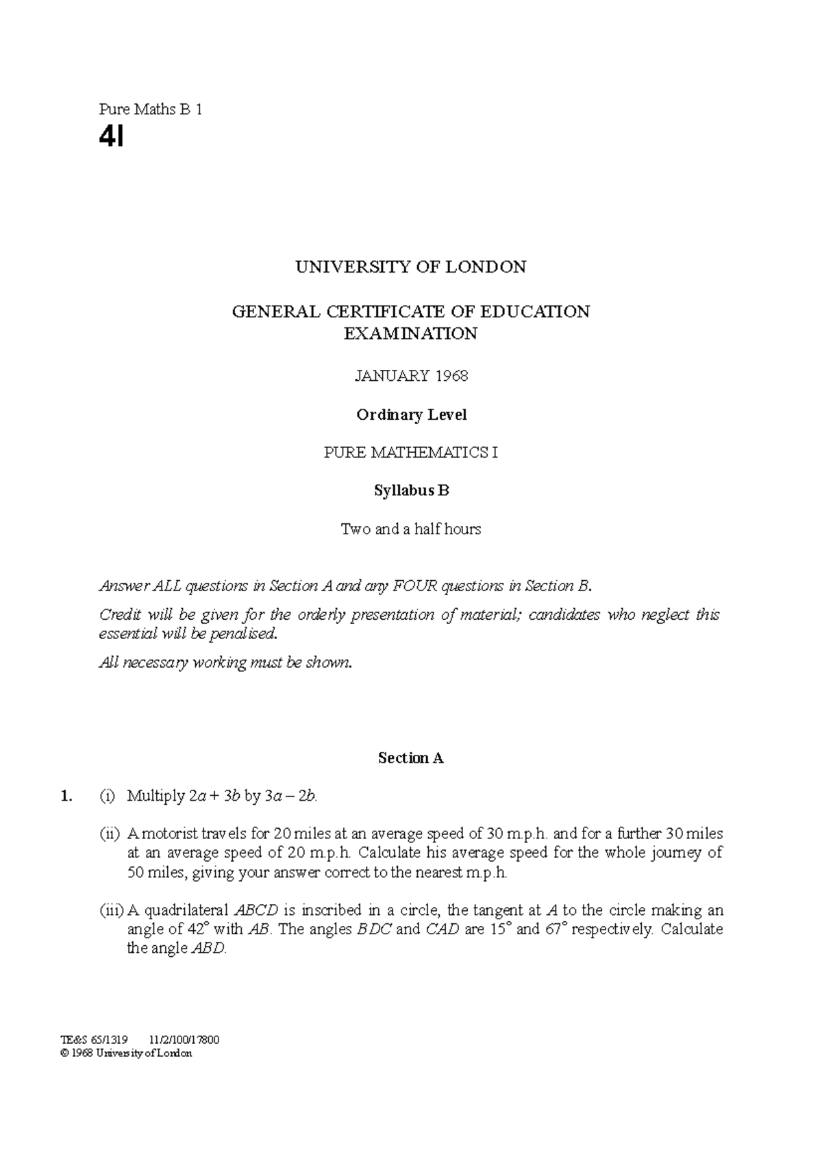 08 O level Jan 68 - Paper 1 - Pure Maths B 1 4I UNIVERSITY OF LONDON ...
