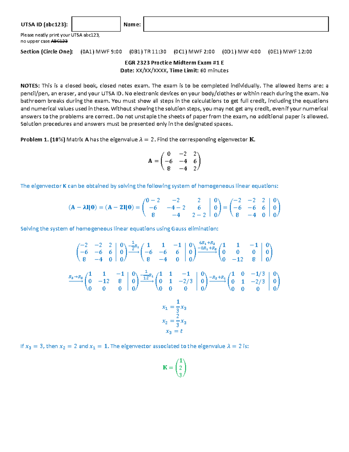 Practice Midterm Exam #1 E - Solution Key - UTSA ID (abc123): Name ...