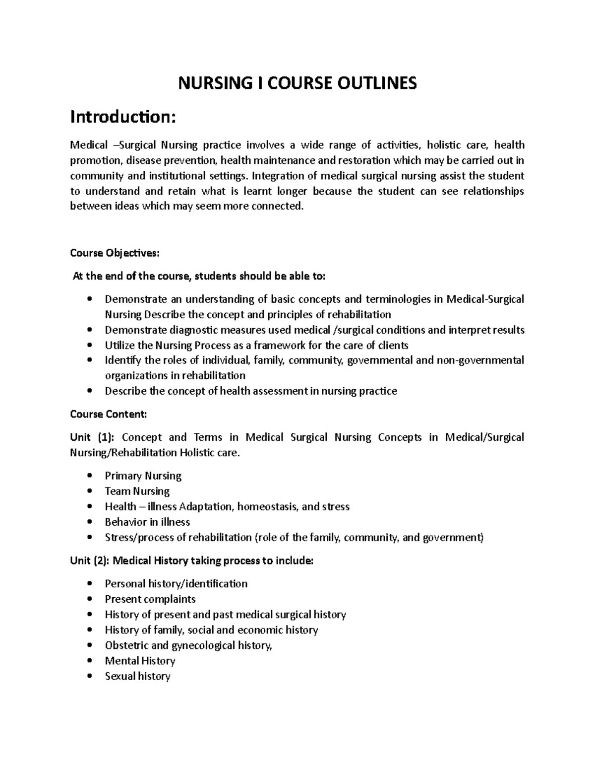 Course outline-or general skills and knowledge - NURSING I COURSE ...