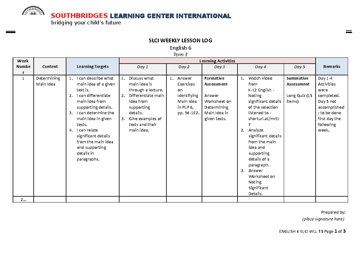 SLCI Weekly Lesson Log MAL 6 - SLCI WEEKLY LESSON LOG English 6 Term 3 ...