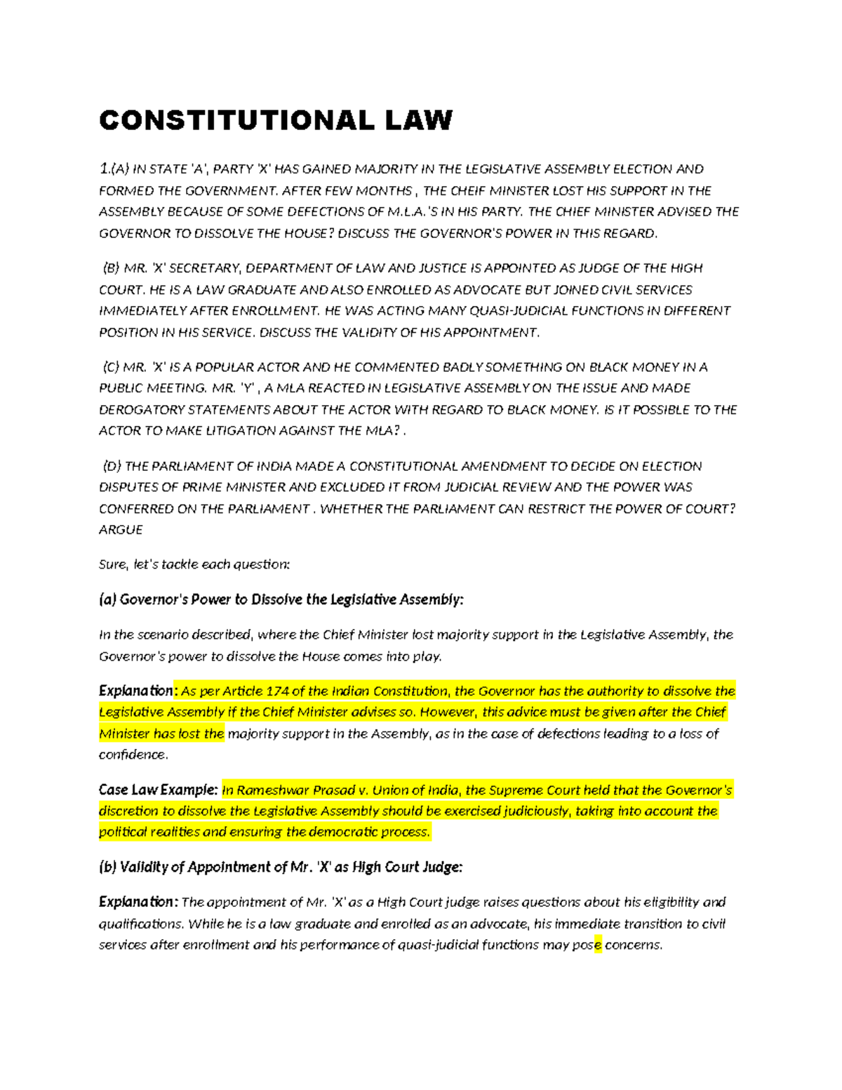 Constitutional LAW - SOLVED QUESTION PAPERS - CONSTITUTIONAL LAW 1 .(A ...