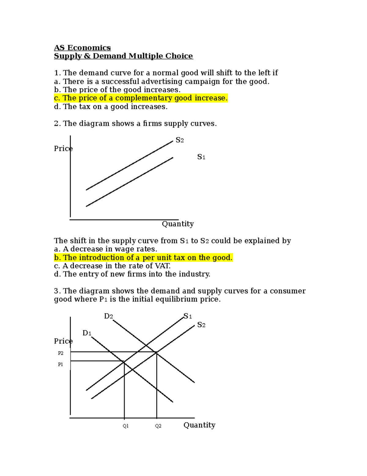 1 Supply Demand Multiple Choice - AS Economics Supply & Demand Multiple ...