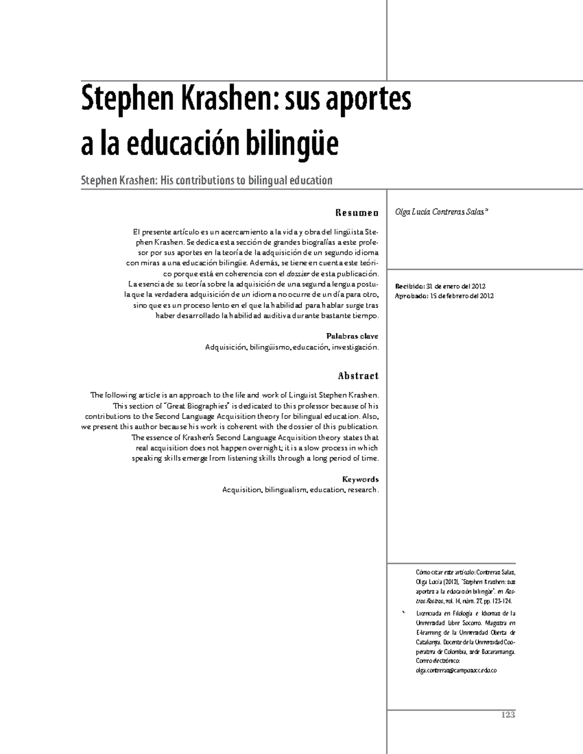 Dialnet-Stephen Krashen-6515551 - 123 Stephen Krashen: sus aportes a la ...