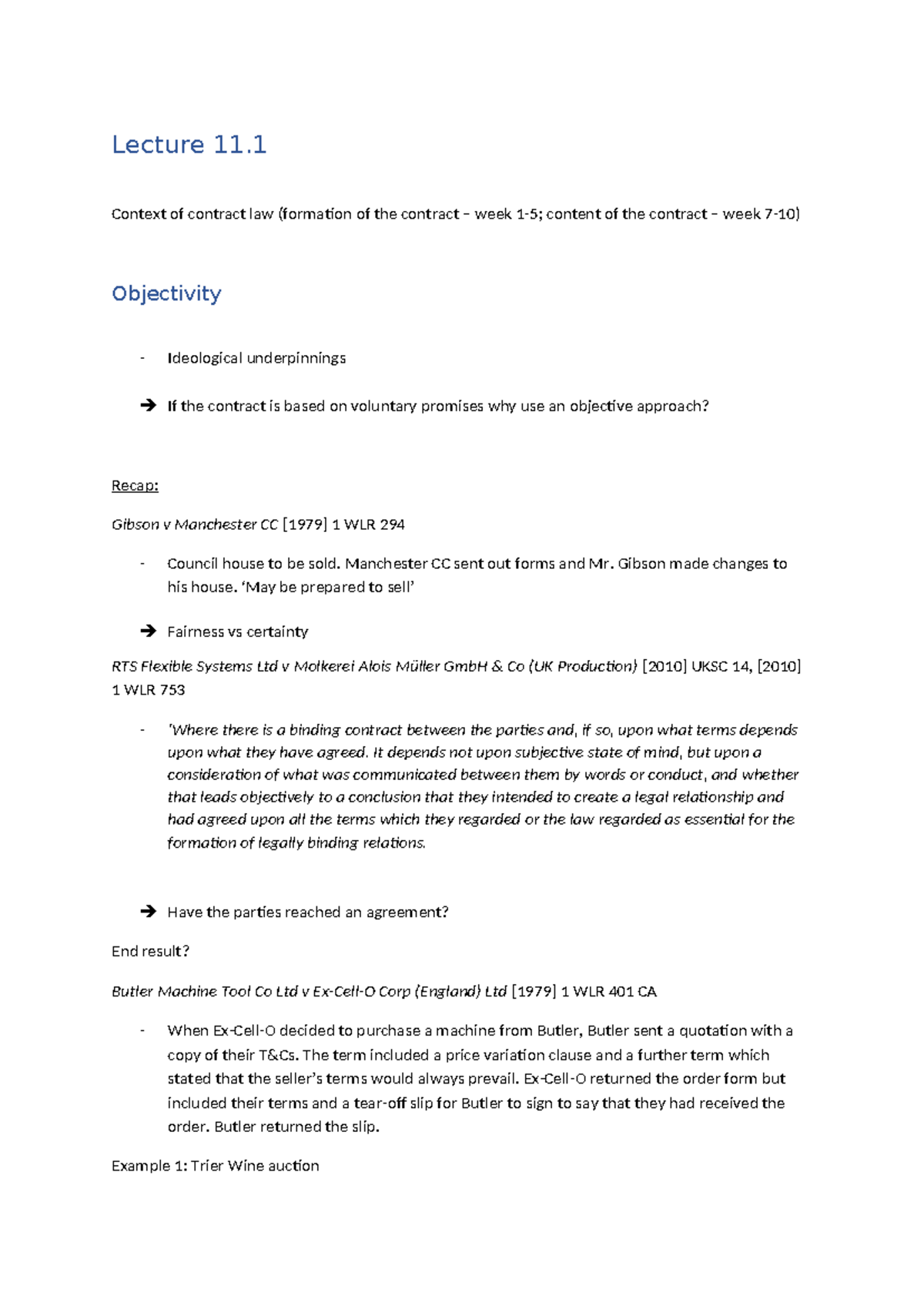 Lectures 11 - Company Law - Lecture 11. Context of contract law (formation of the contract ...