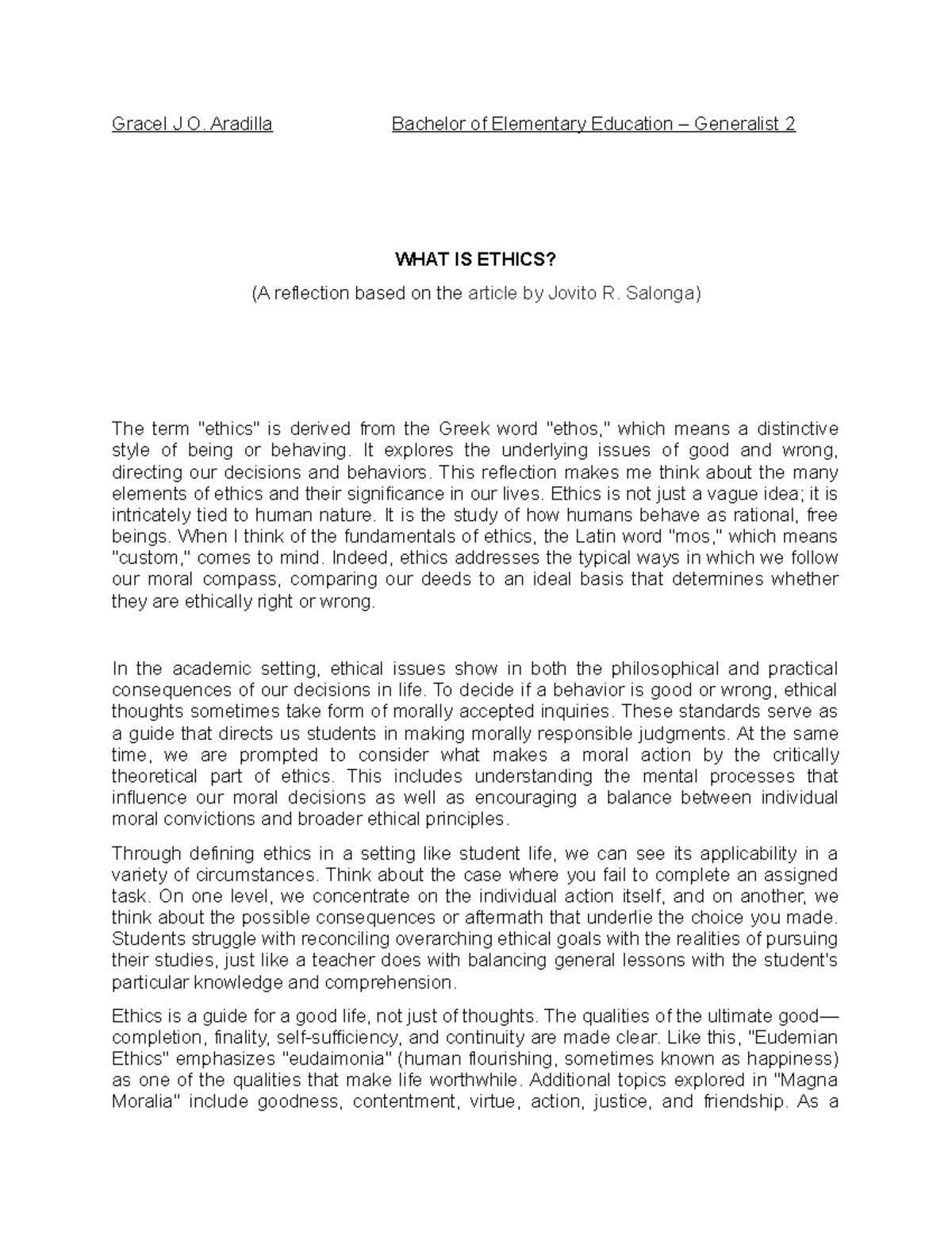 Ethics 1 - Gracel J O. Aradilla Bachelor of Elementary Education ...