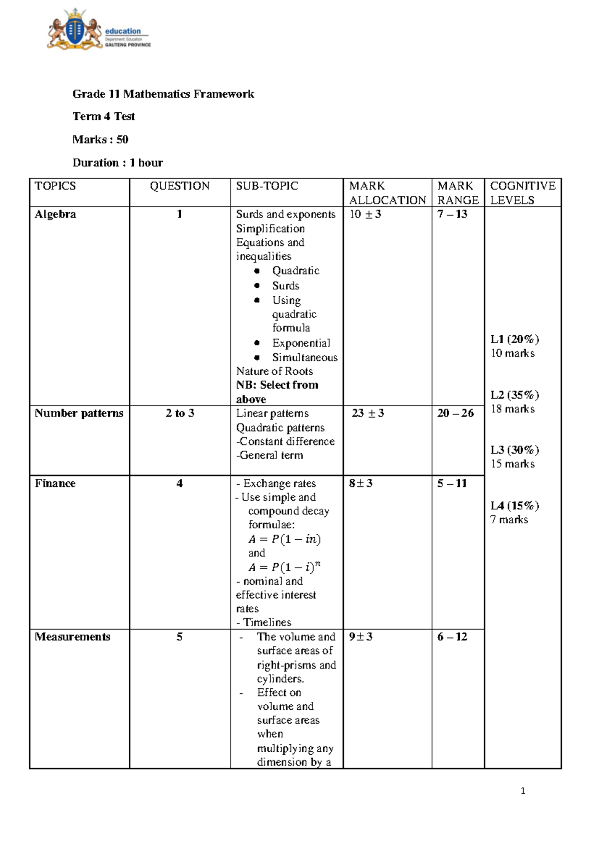 Grade 11 Test - T4 Maths Framework - 1 Grade 1 1 Mathematics Framework ...