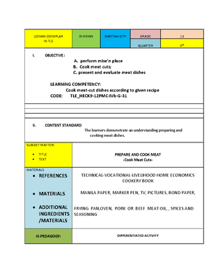 Tvl cookery 12 lesson plan on preparing and cooking meat - LESSON PLAN ...