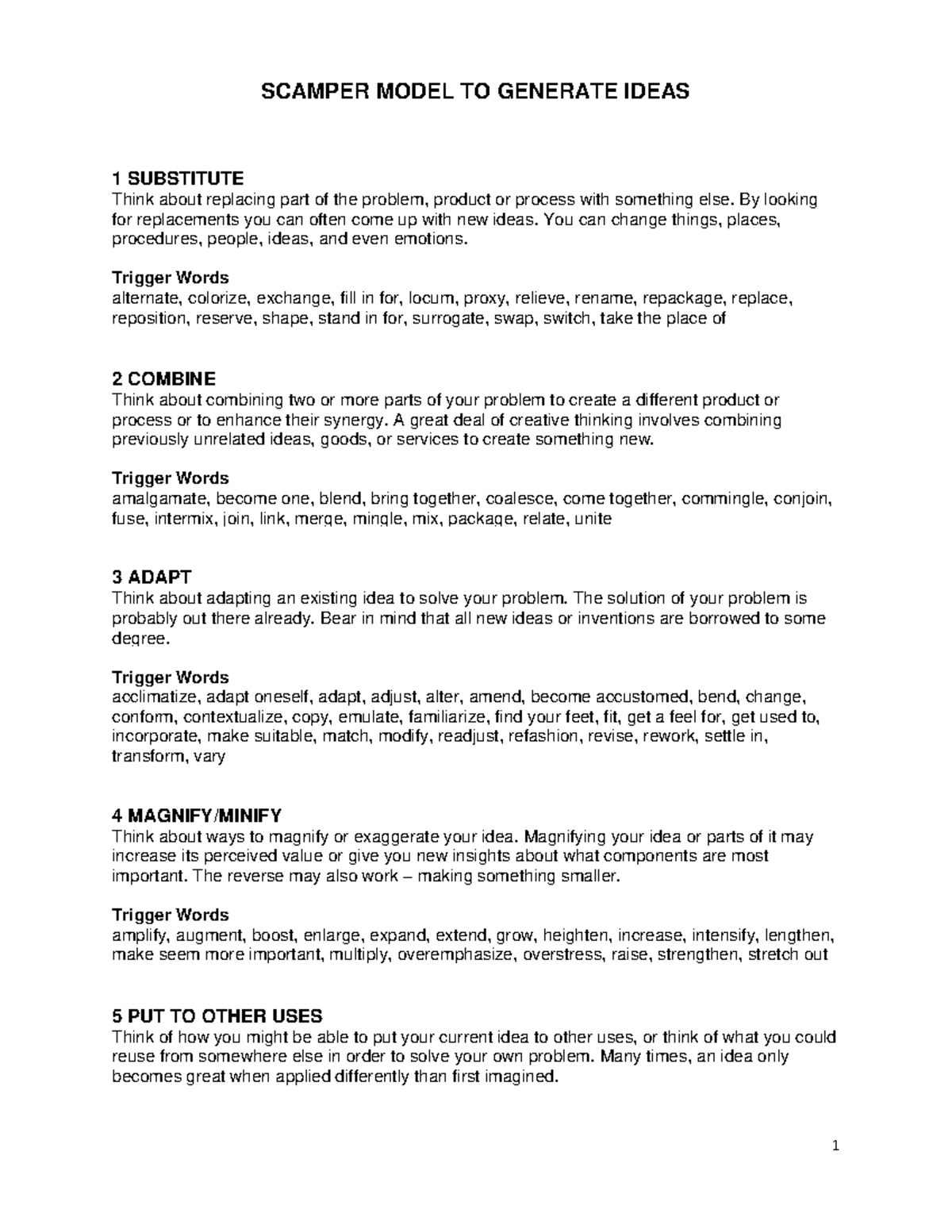07 Scamper Model - Lecture Notes - 1 SCAMPER MODEL TO GENERATE IDEAS 1 ...