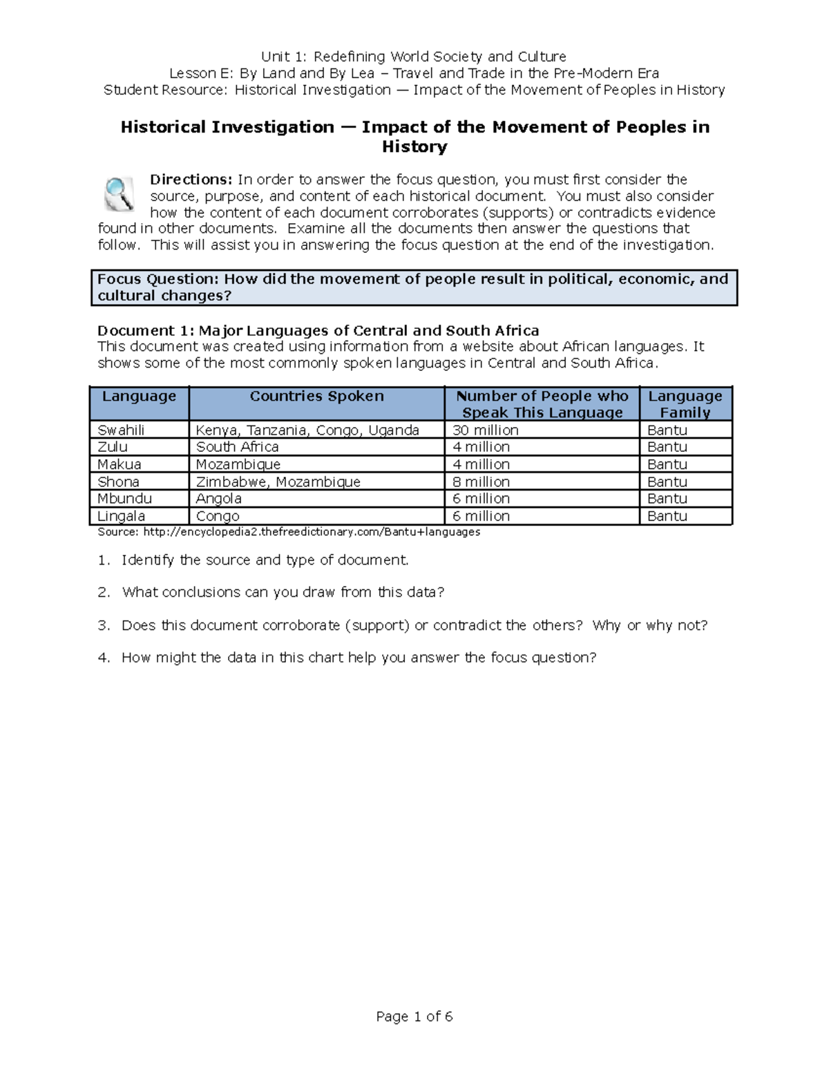 U1LE Historical Investigation Impact of the Movement of People - Lesson ...