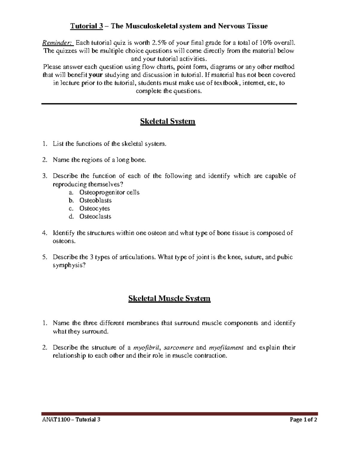 ANAT1100 Tutorial 3 - ANAT1100 – Tutorial 3 Page 1 of 2 Tutorial 3 ...