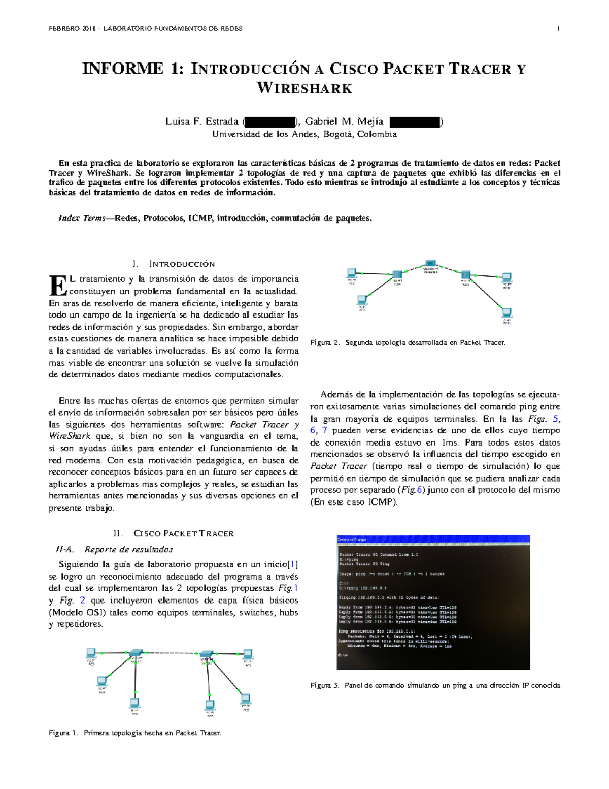 Informe 1 Introduccion a Cisco Packet Tracer y Wireshark (censored) - FEBRERO 2018 - LABORATORIO ...
