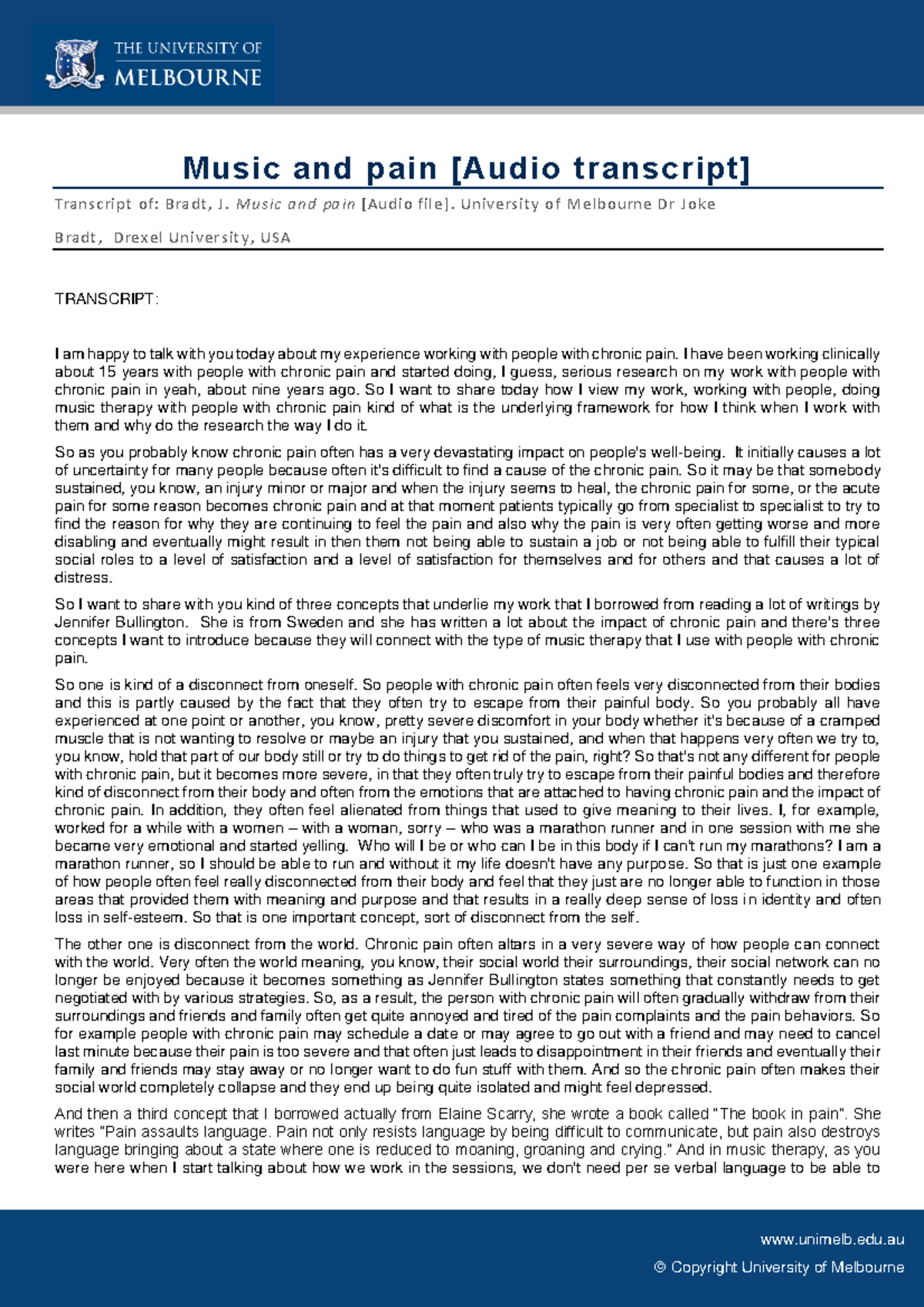 MUSI2015 0 Music and pain - Audio transcript - unimelb.edu Music and ...