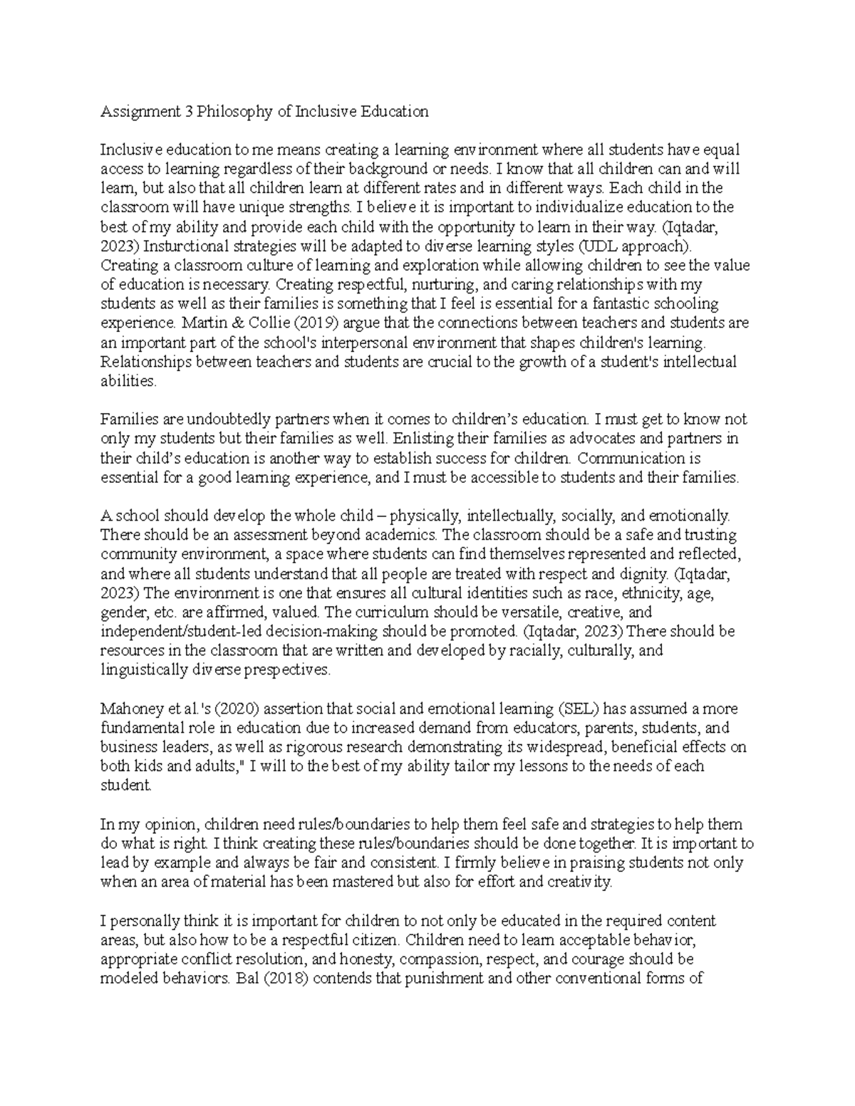 Philosophyof Inclusive Education Draft-2 - Assignment 3 Philosophy of ...