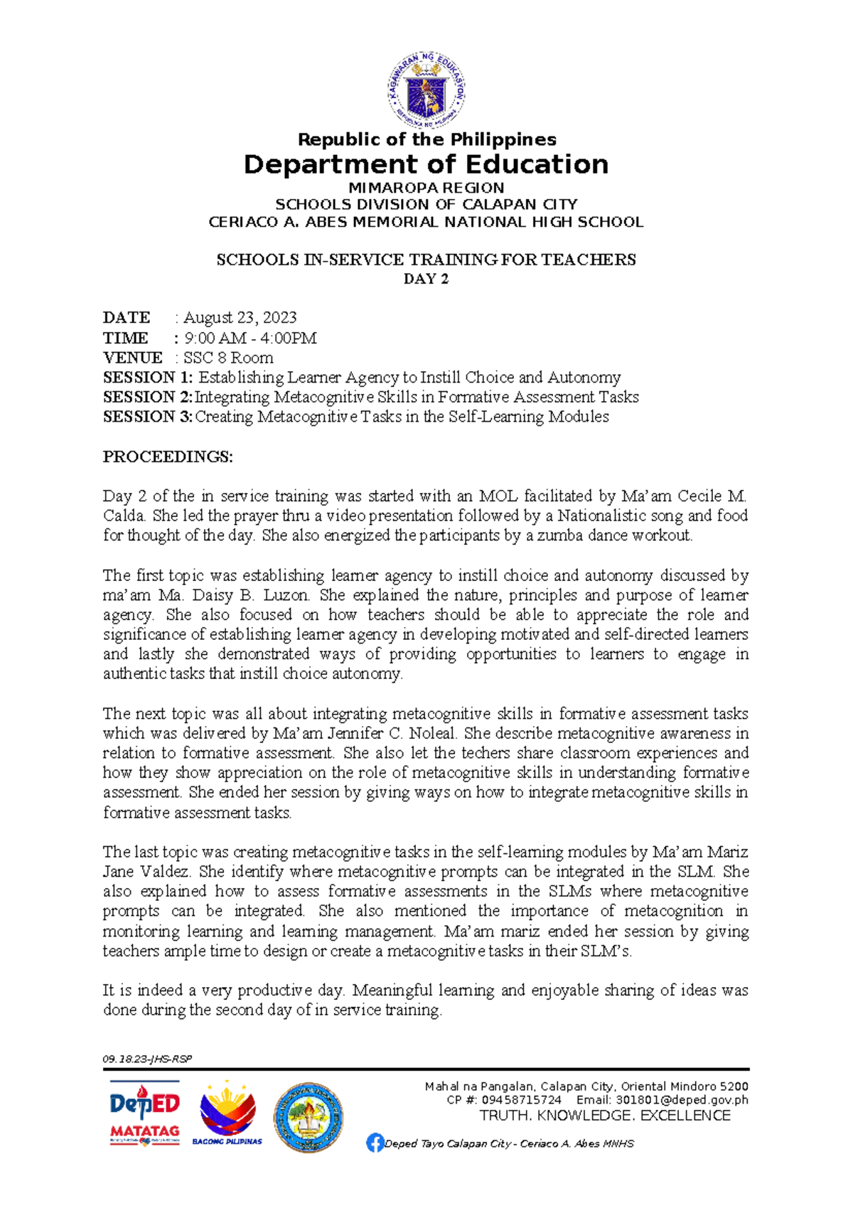 SLAC narrative report - TRUTH. KNOWLEDGE. EXCELLENCE Mahal na Pangalan ...