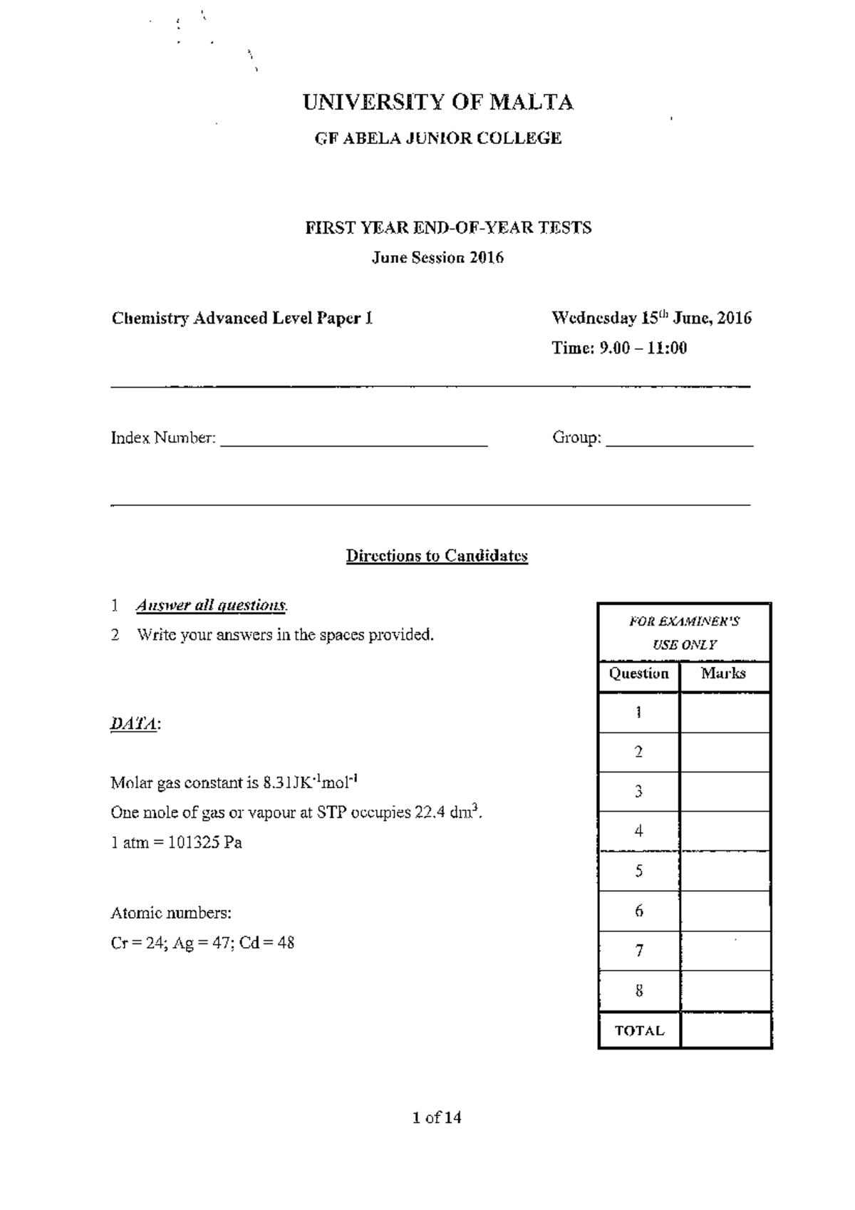 Chemistry-adv-2016 - Past papers and/or model answers - UNIVERSITY OF ...