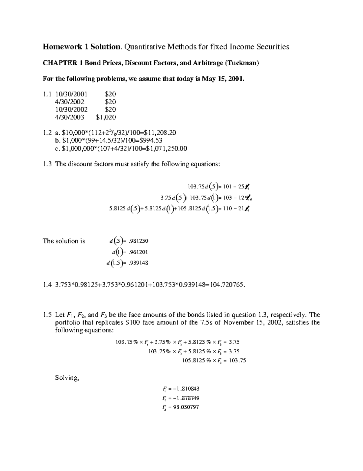 MATH 4511 Hw1 solution - Quantitative Methods for Fixed Income ...