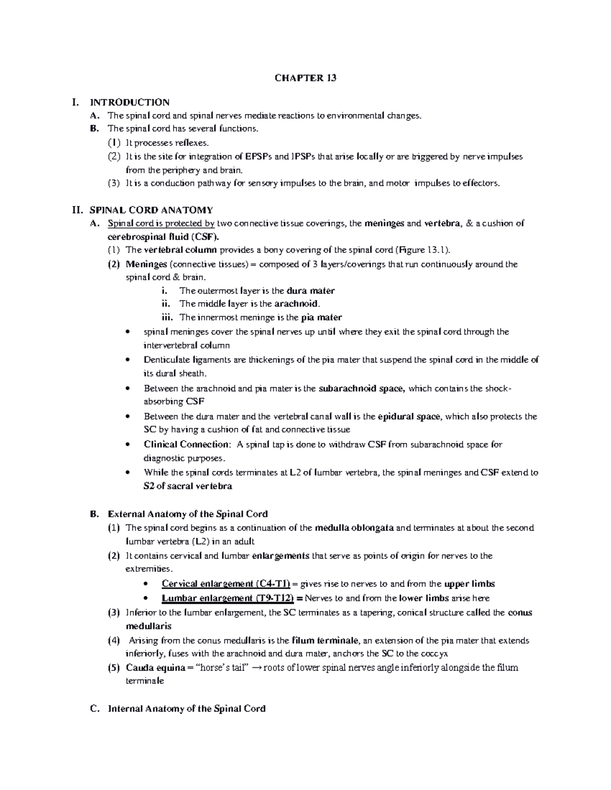 Ch 13 lecture outline - CHAPTER 13 I. INTRODUCTION A. The spinal cord and spinal nerves mediate ...