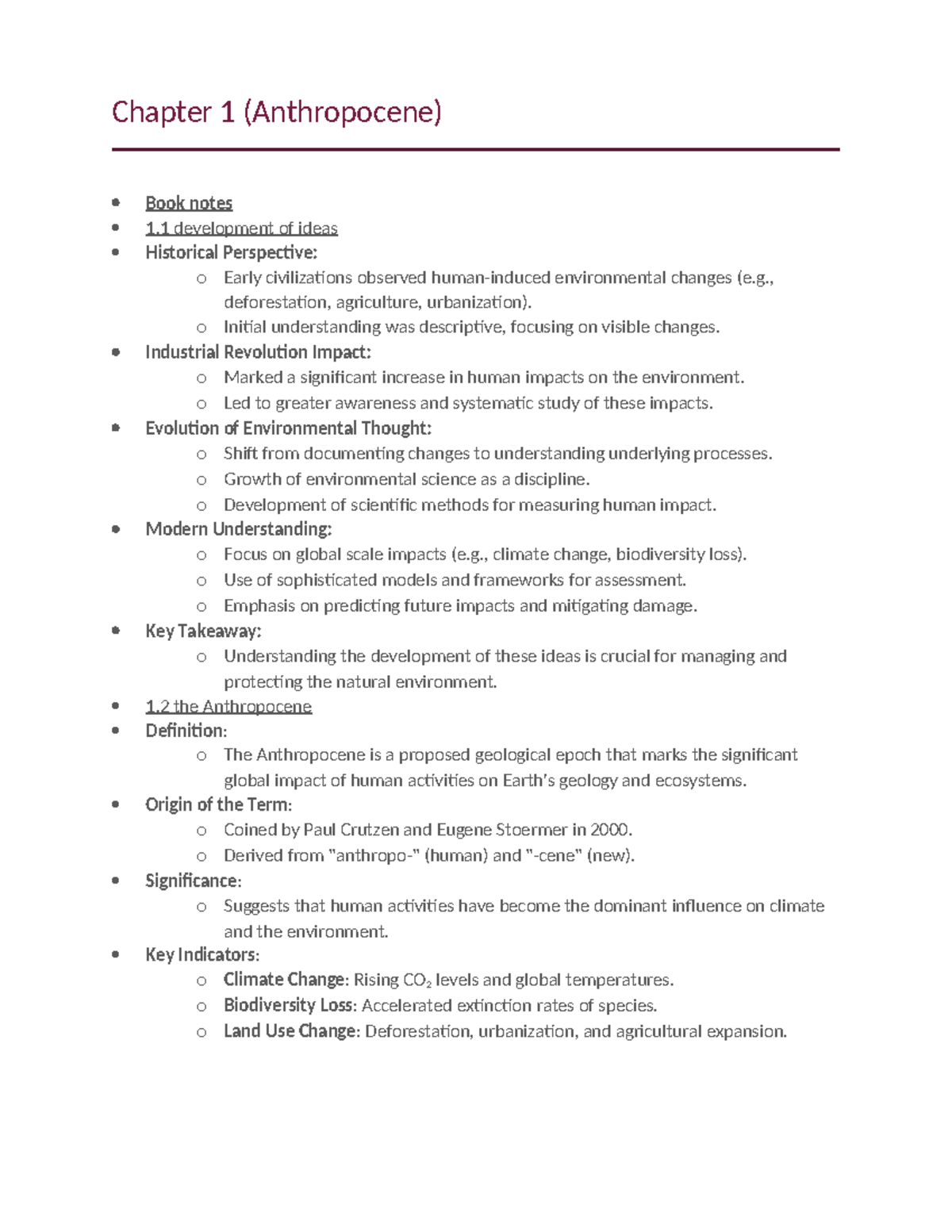 Chapter 1 notes - Chapter 1 (Anthropocene) Book notes 1 development of ...