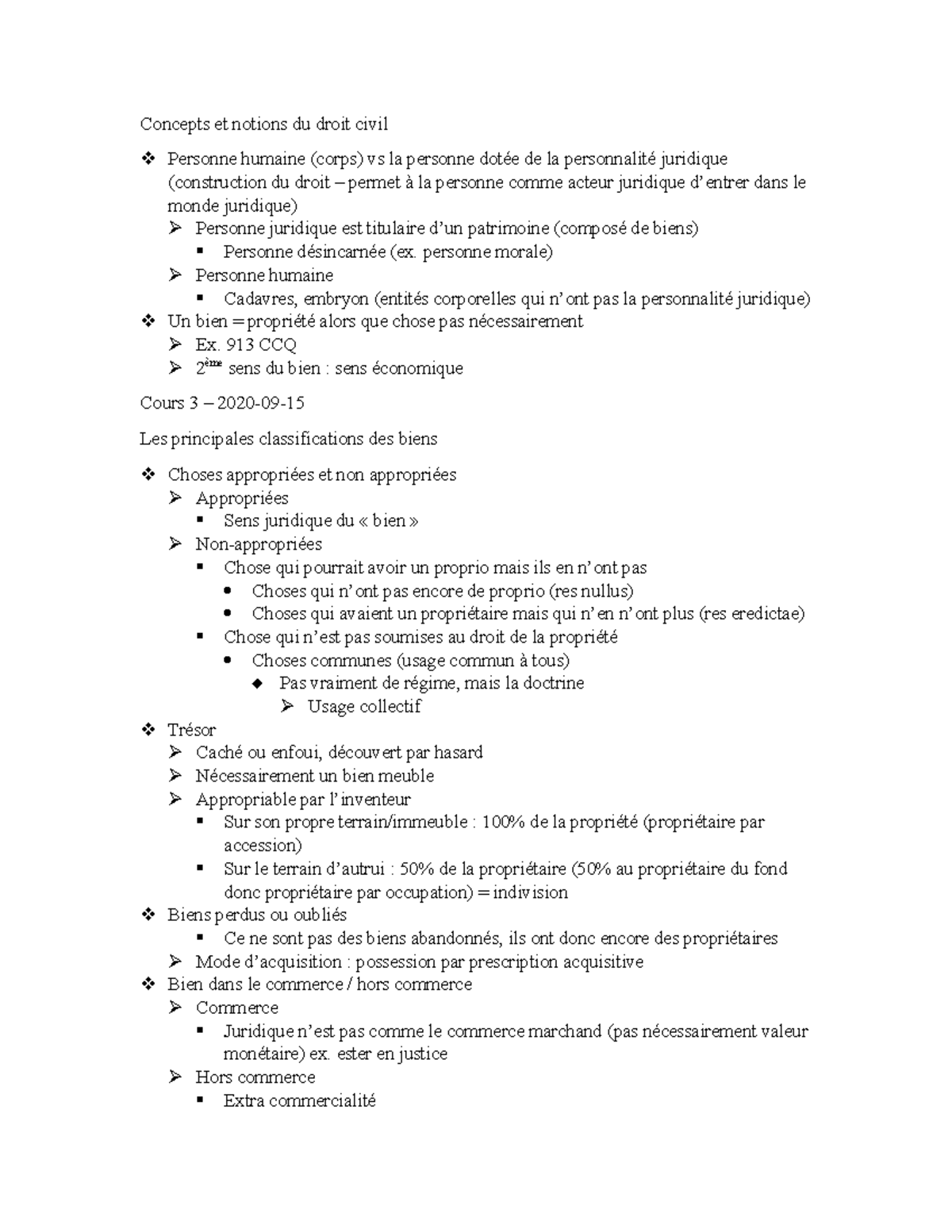 Classifications des biens - Concepts et notions du droit civil Personne ...