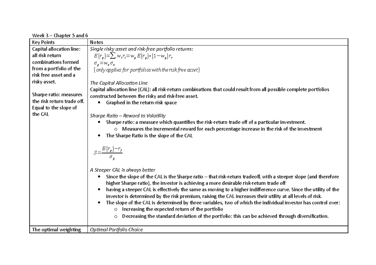 Week 3 Review - Summary of key points from lecture notes on portfolio ...
