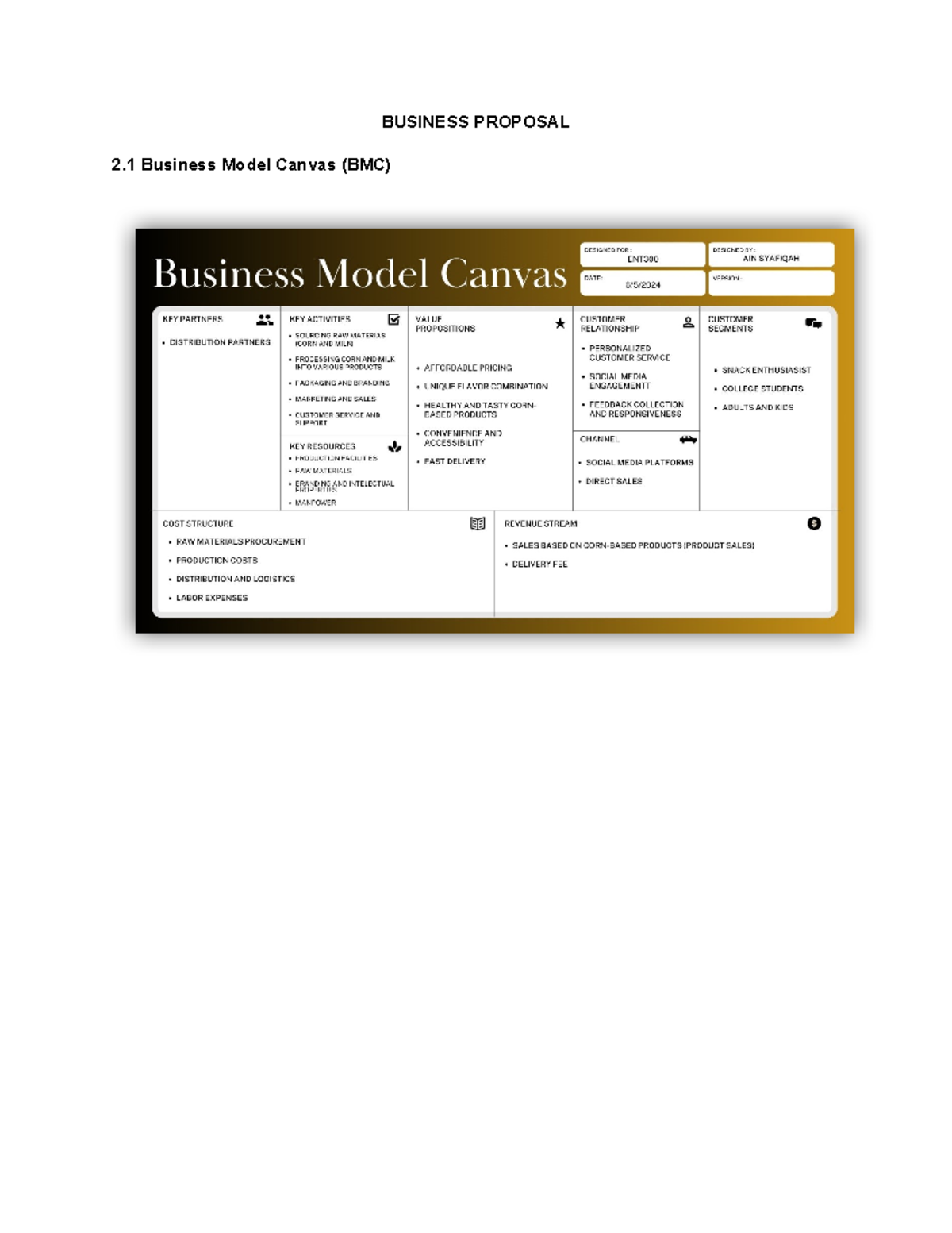 Business Proposal (BMC) - BUSINESS PROPOSAL 2 Business Model Canvas (BMC) 2 Details of BMC ...
