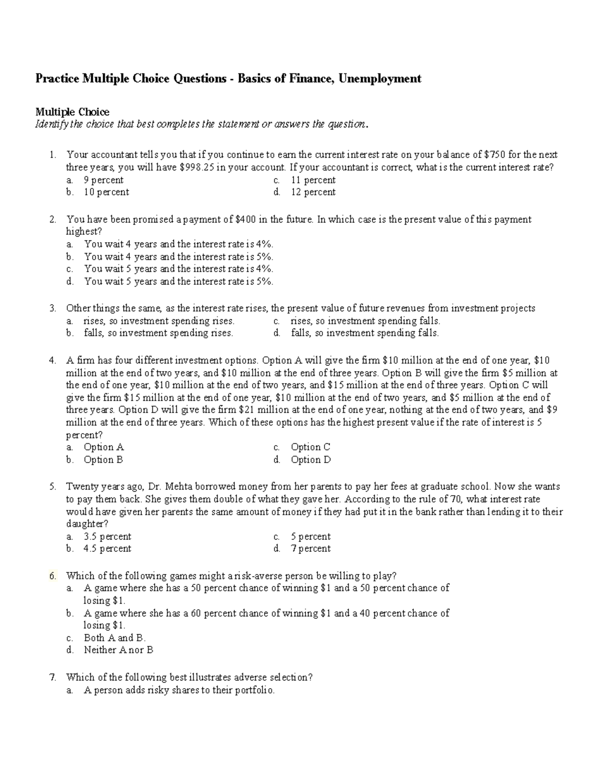 Practice MCQs - Basics of finance Unemployment - Practice Multiple ...
