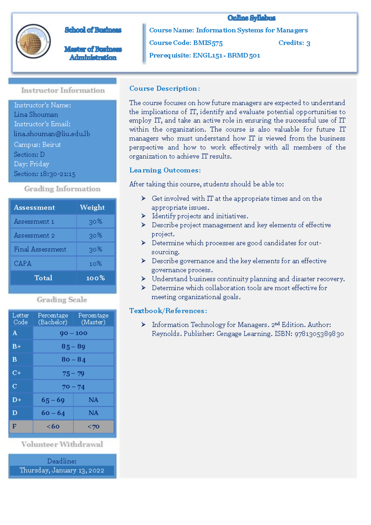 BMIS 575 Online Syllabus Beirut Fall 2021 2022 - Instructor’s Name ...