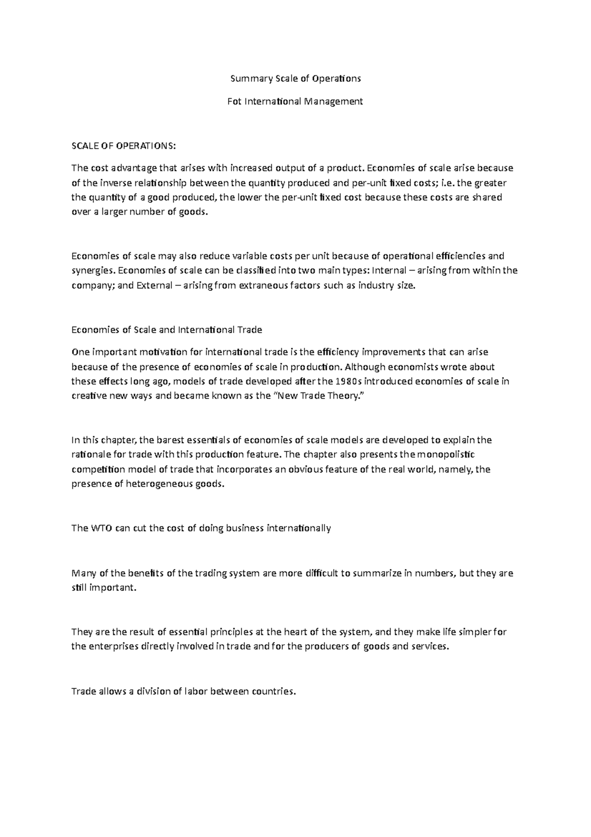 Summary Scale of Operations Fot International Management - Economies of ...