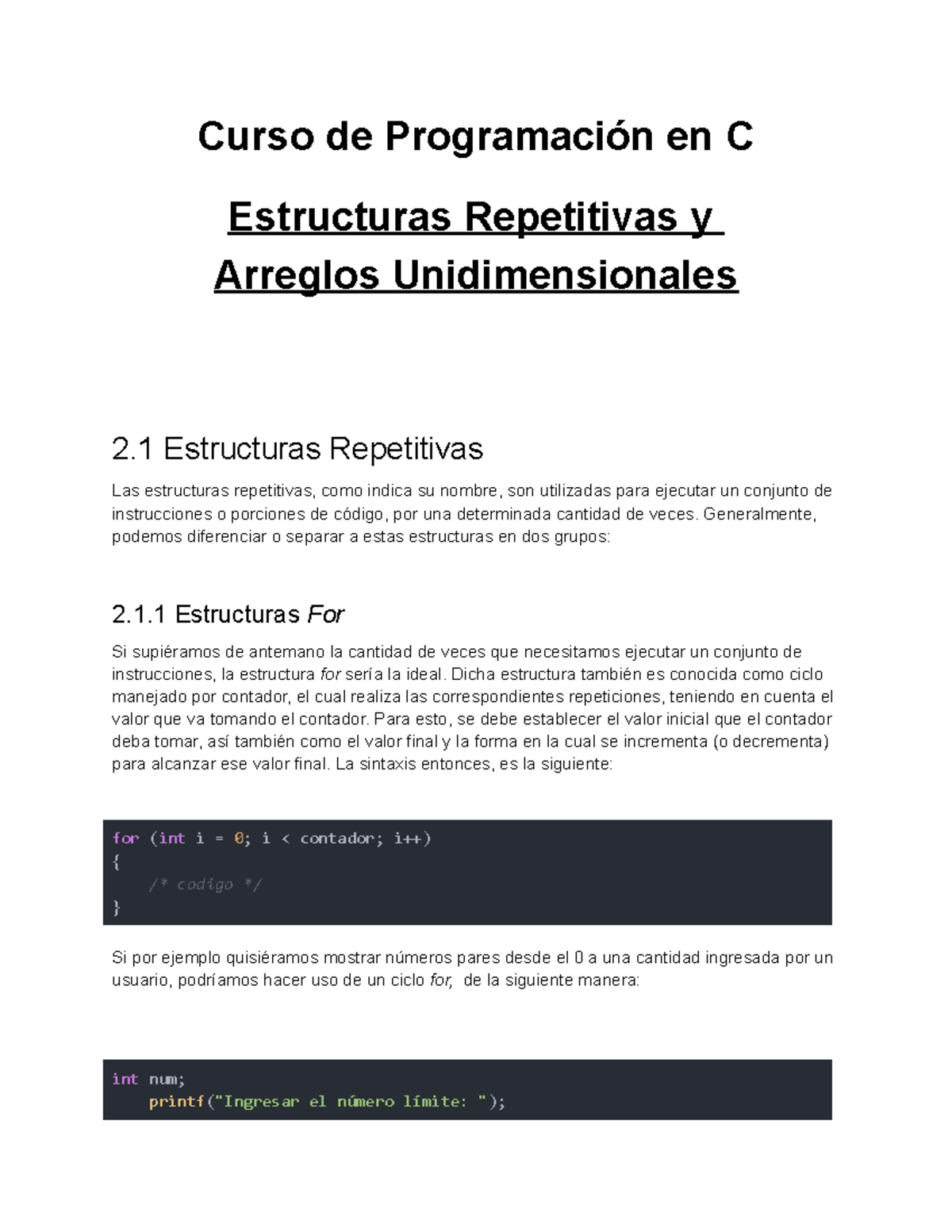 2. Estructuras repetitivas y Arreglos Unidimensionales - Curso de Programación en C Estructuras ...