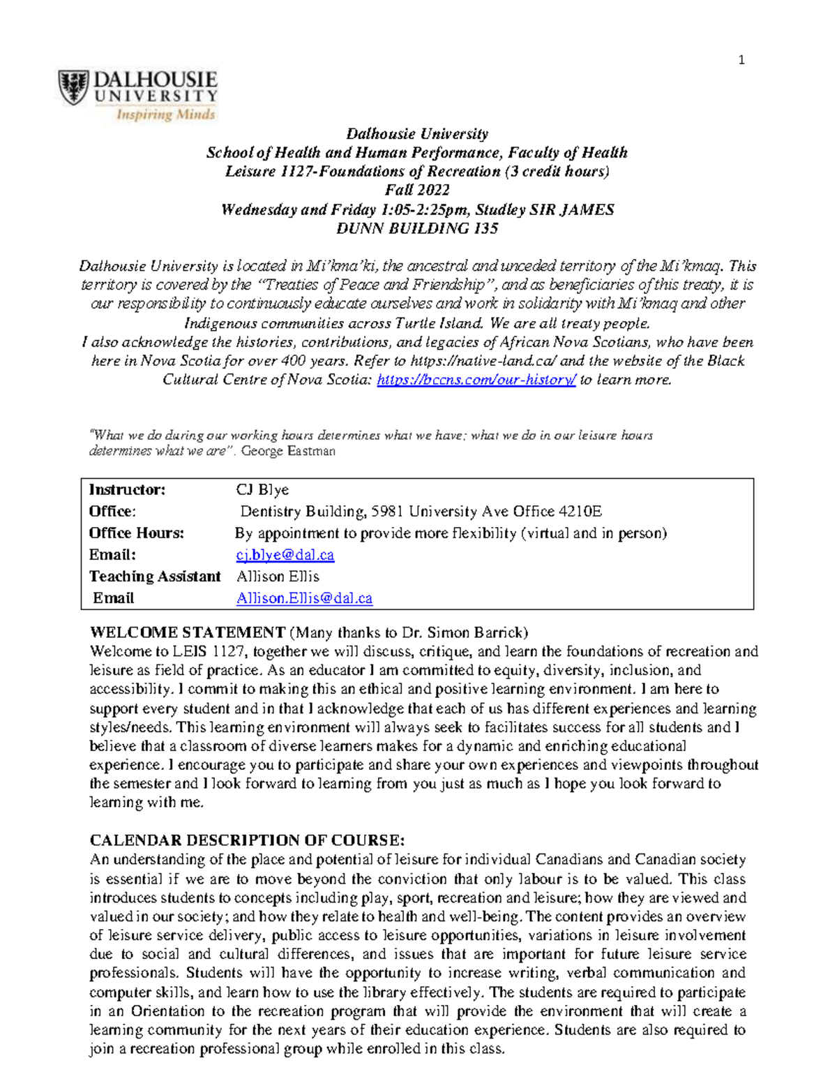 LEIS 1127 Fall 2022 Syllabus - Dalhousie University School of Health and Human Performance ...