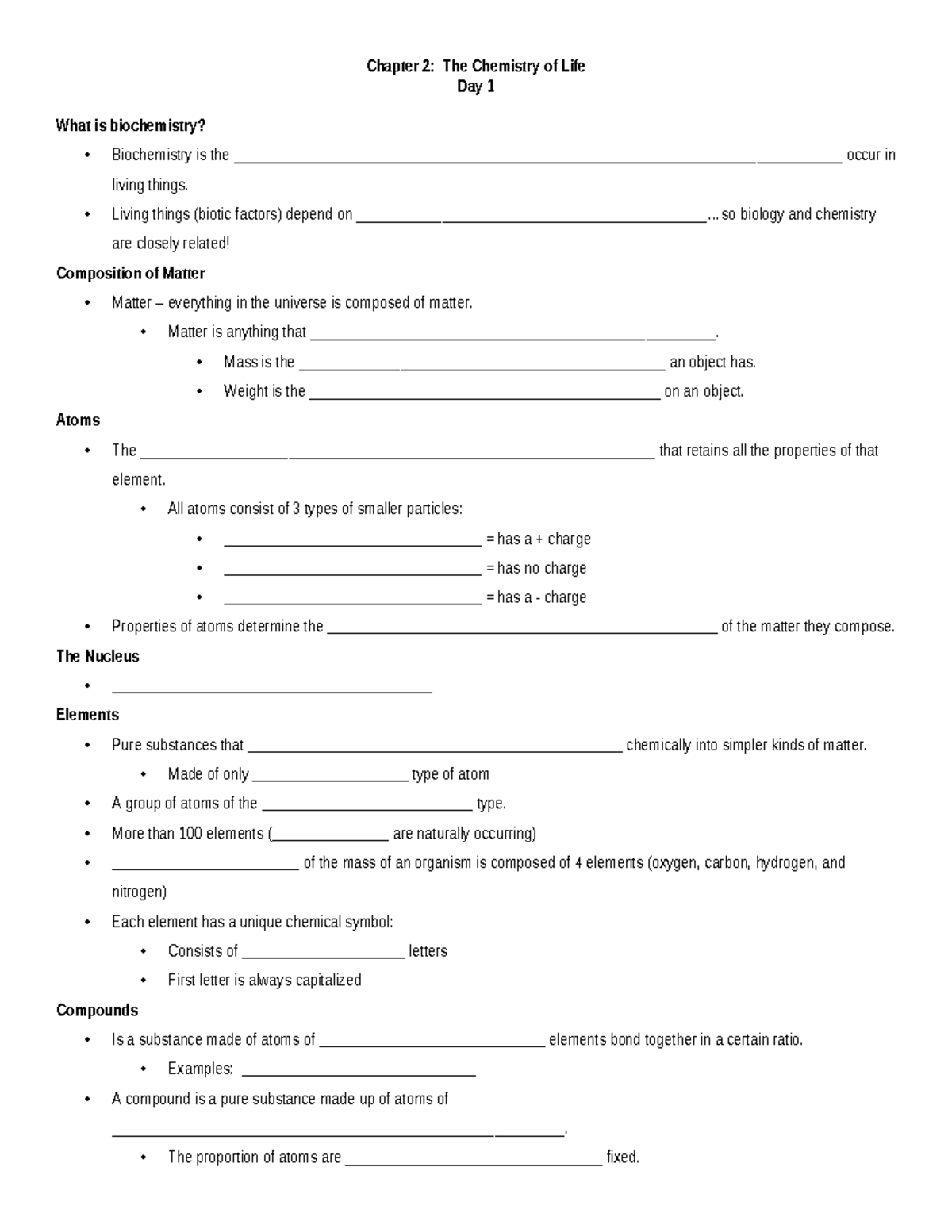 Chapter 2 notes - chemistry of life - Chapter 2: The Chemistry of Life ...