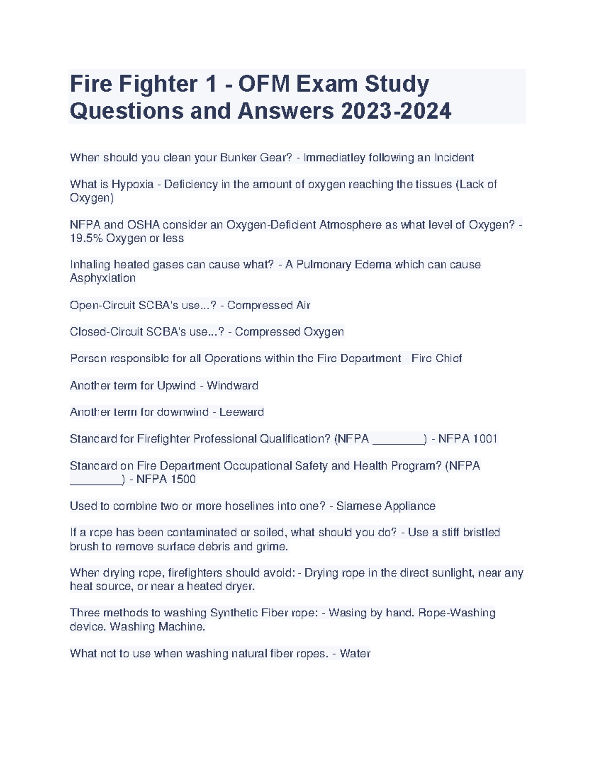 Fire Fighter 1 - OFM Exam Study Questions - ..? - Compressed Air Closed ...