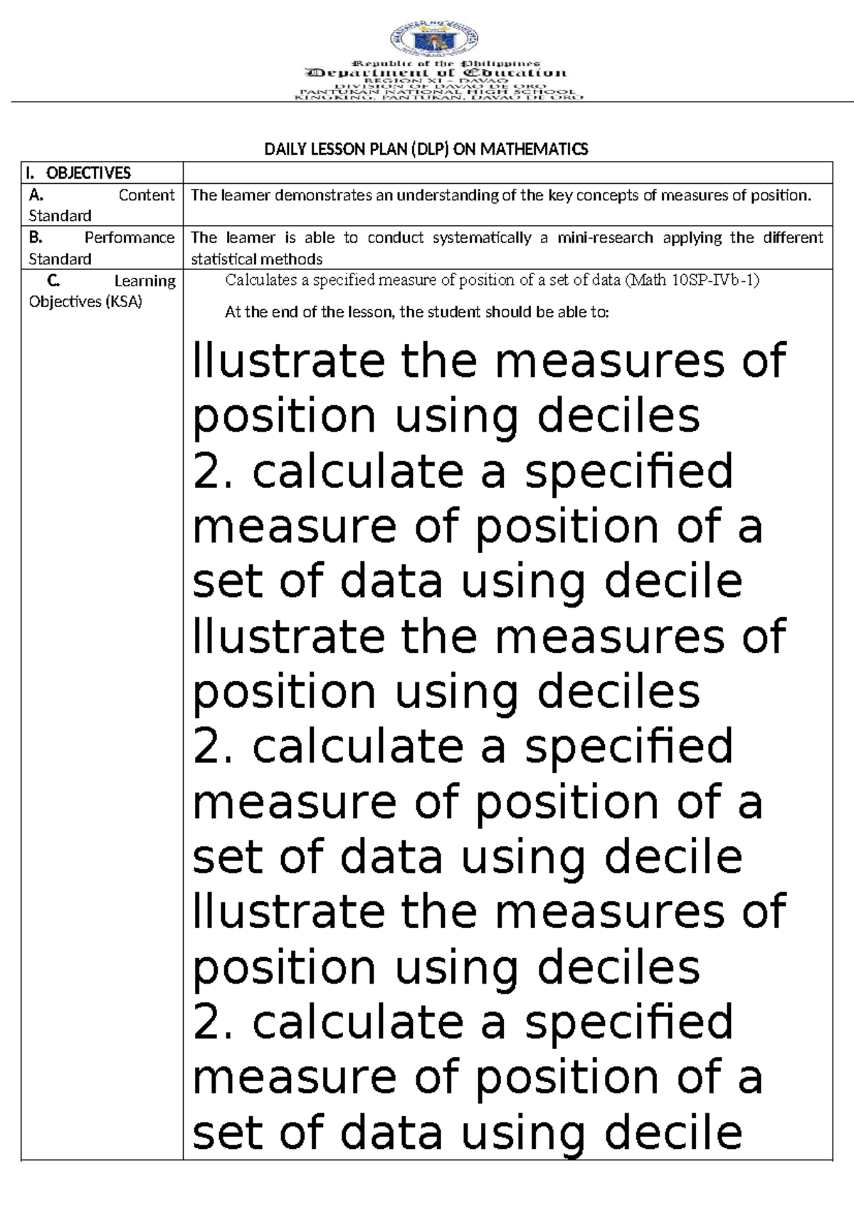 LP- Decile GD( Final) - DAILY LESSON PLAN (DLP) ON MATHEMATICS I ...