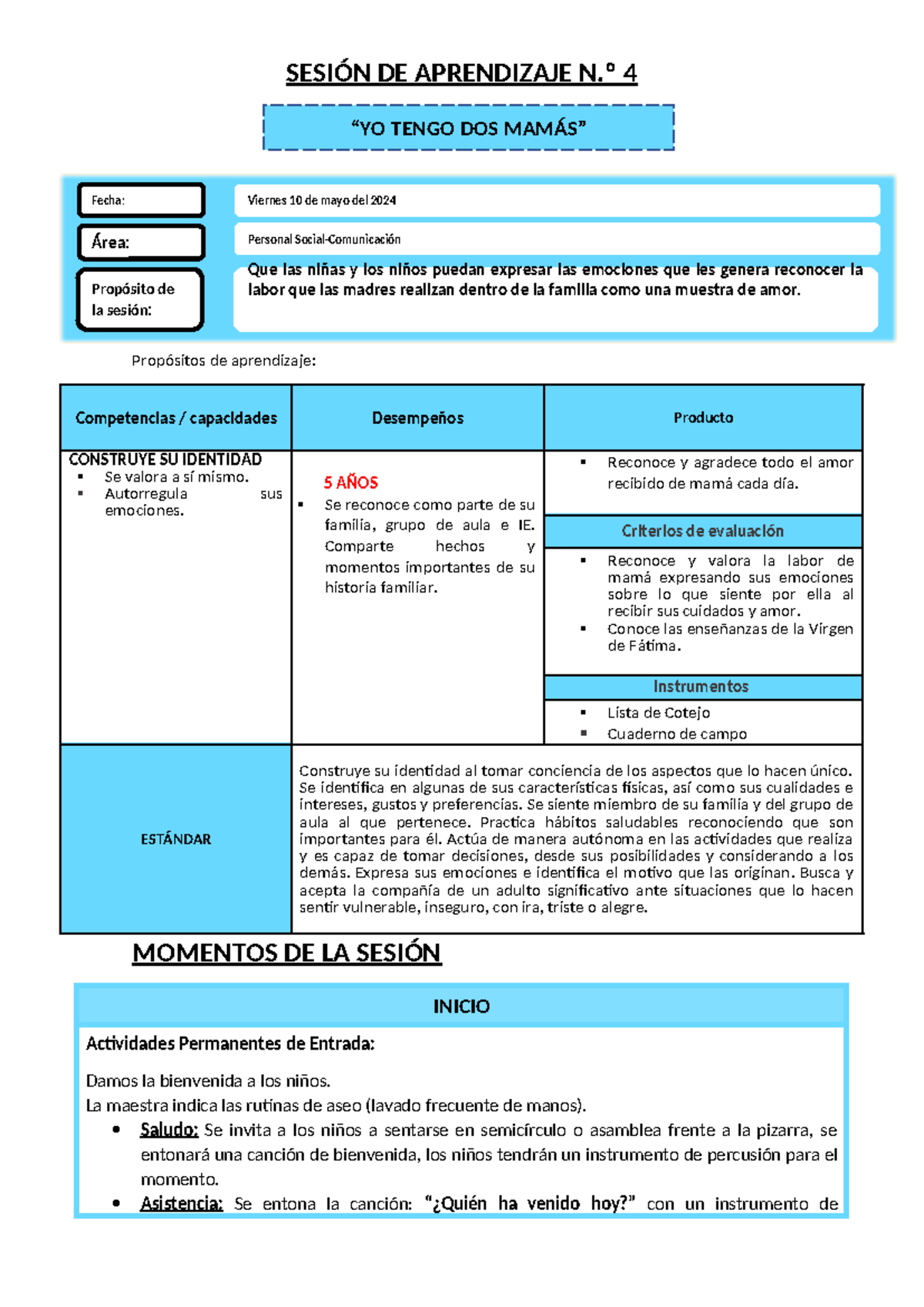 10 MAYO- Inicial 5 AÑOS-2024 - SESIÓN DE APRENDIZAJE N.º 4 ####### Propósitos de aprendizaje ...