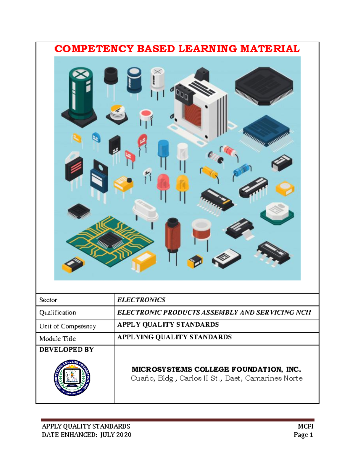 Common 1- Learning Outcome 2 - APPLY QUALITY STANDARDS MCFI COMPETENCY ...
