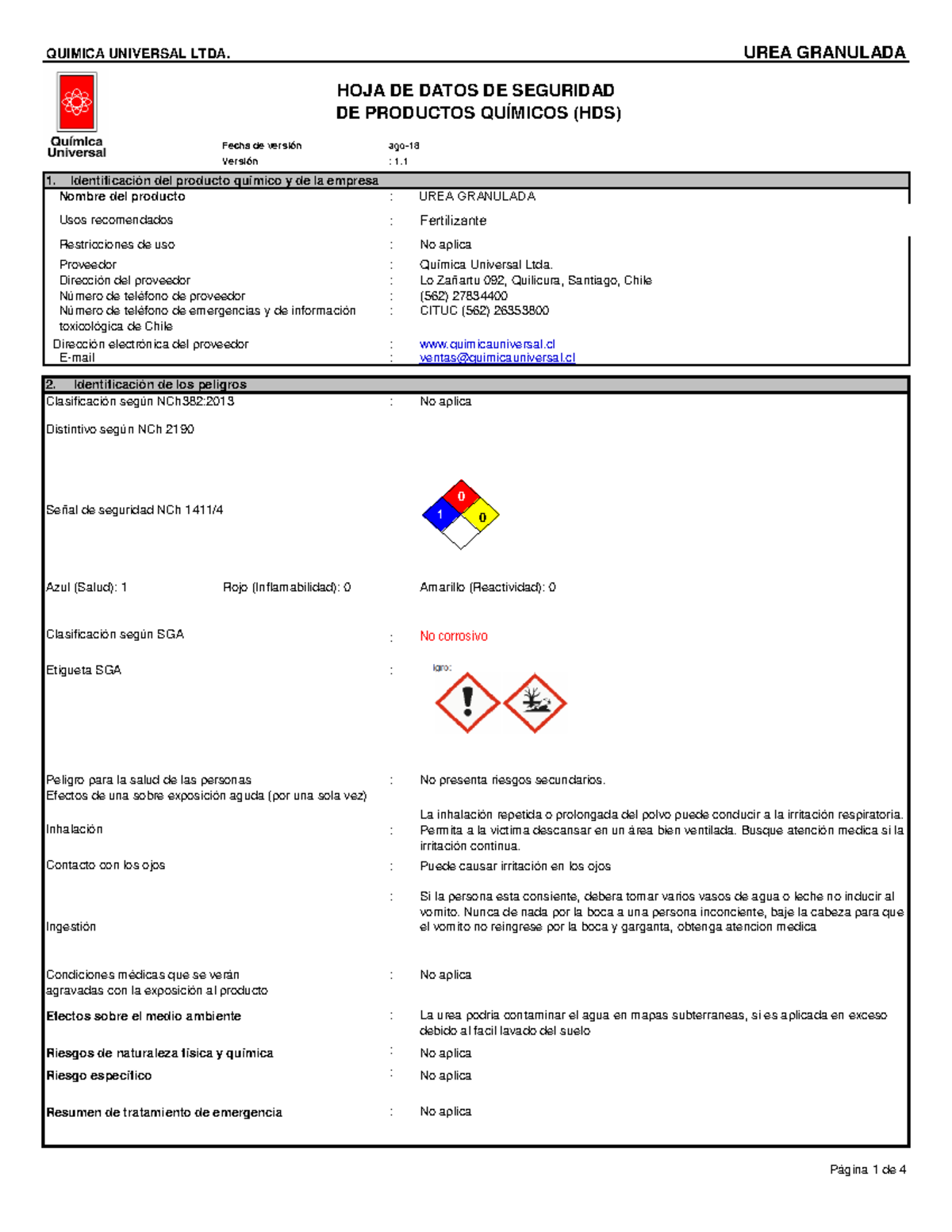 Hojadeseguridad-UREA-18 - : 1. : UREA GRANULADA : Fertilizante : No ...