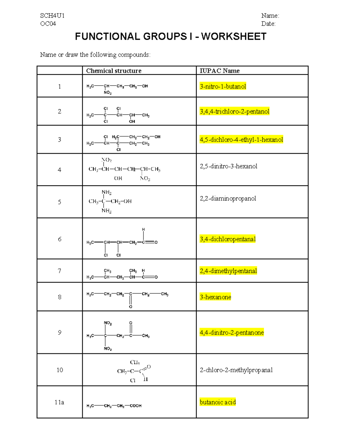 Oc04 functionalgroups 1 worksheet answers - SCH4U1 Name: OC04 Date ...