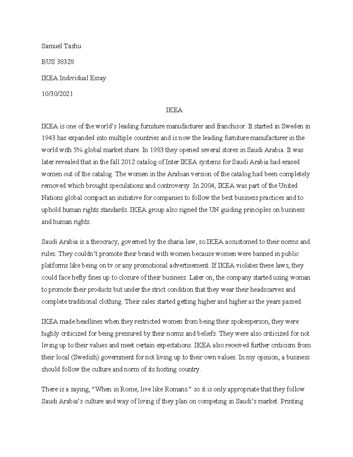 IKEA Individual Essay Samuel Tashu - Samuel Tashu BUS 38328 IKEA Individual Essay 10/30/ IKEA ...