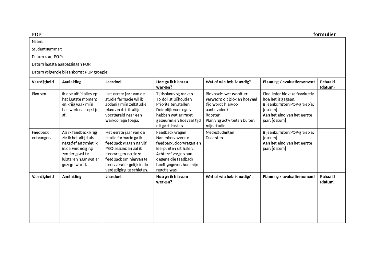 Ba300-POP-formulier-voorbereidende opdracht student - POP formulier ...