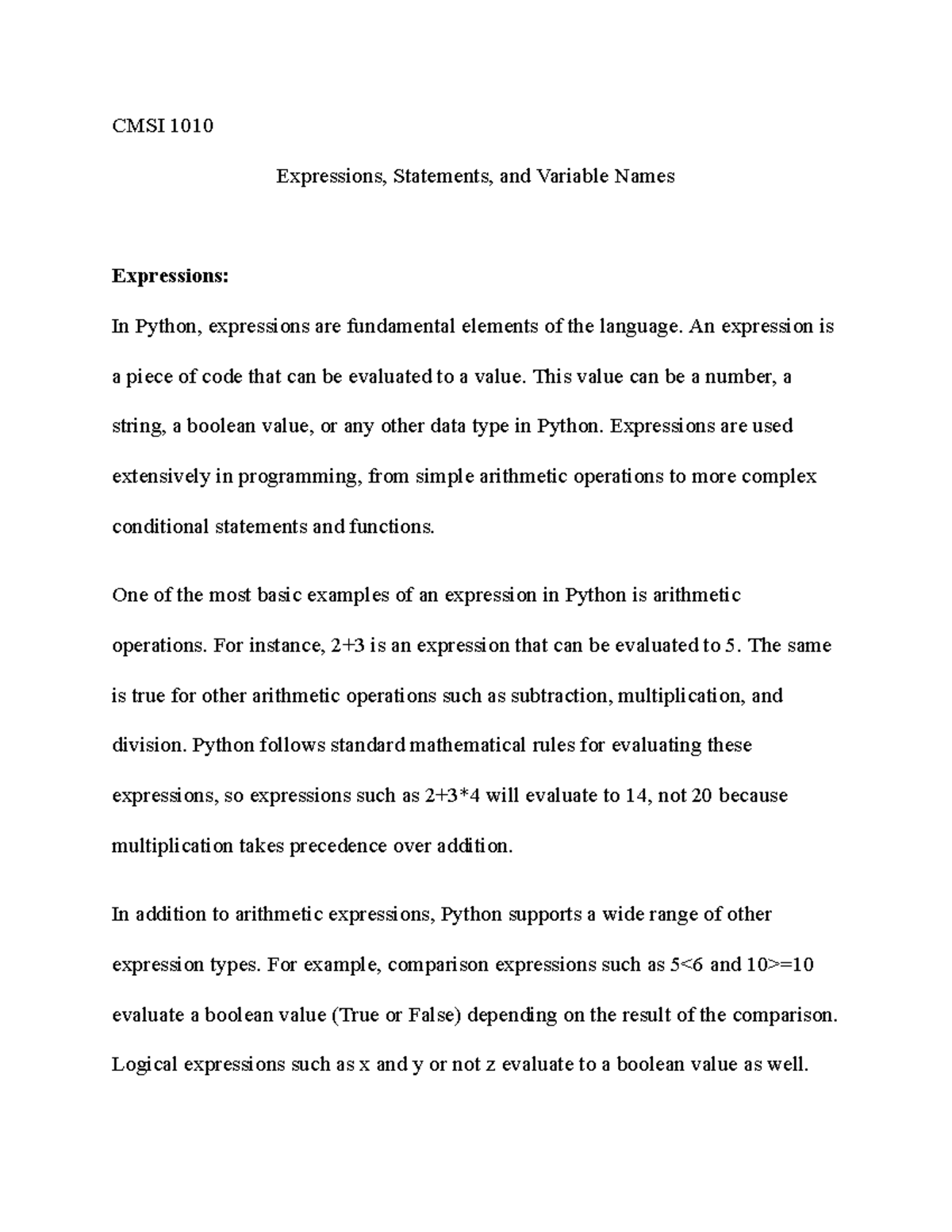 CMSI 1010 - Expressions, Statements, and Variable Names - CMSI 1010 ...